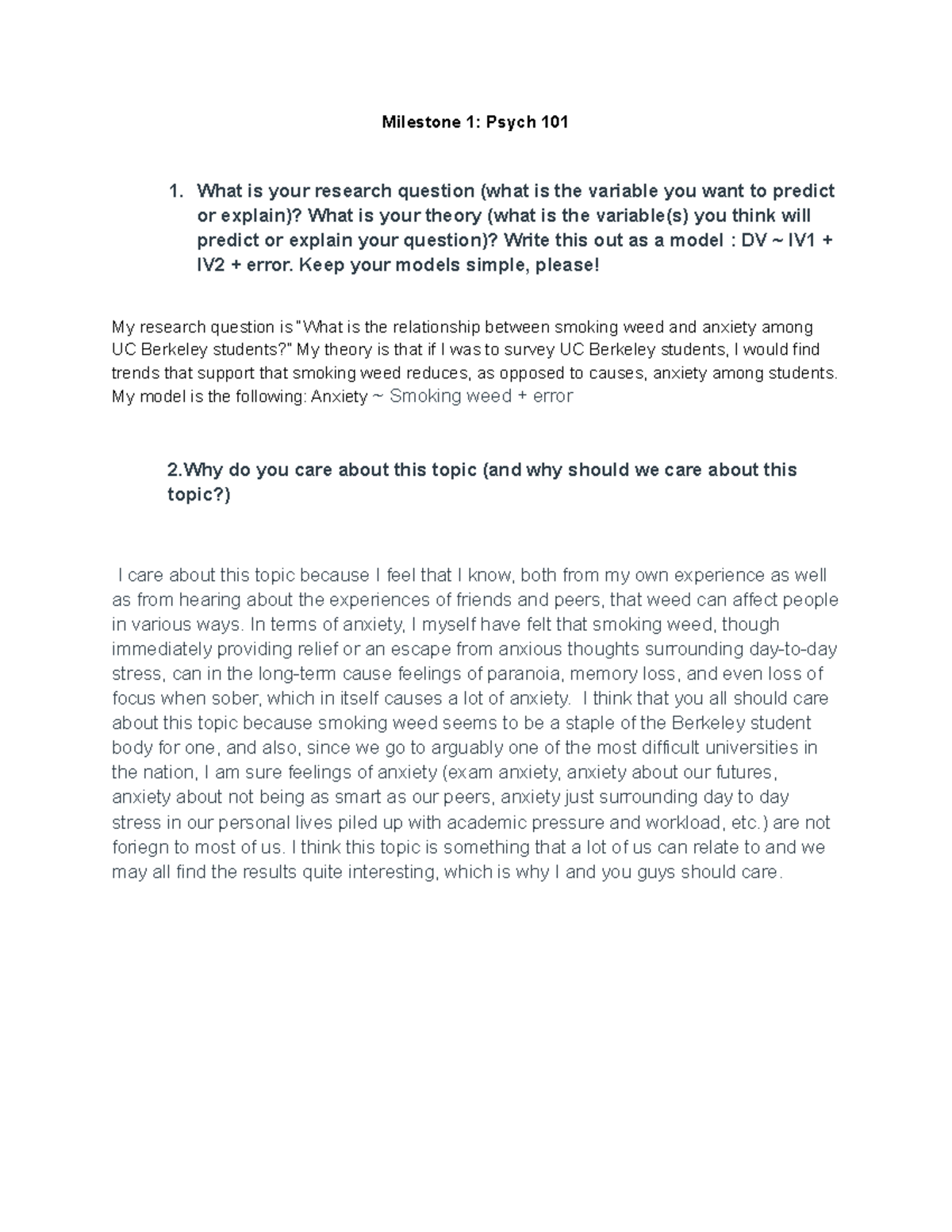 Milestone 1 Psych 101 - Assignment preparing for final exam essay ...