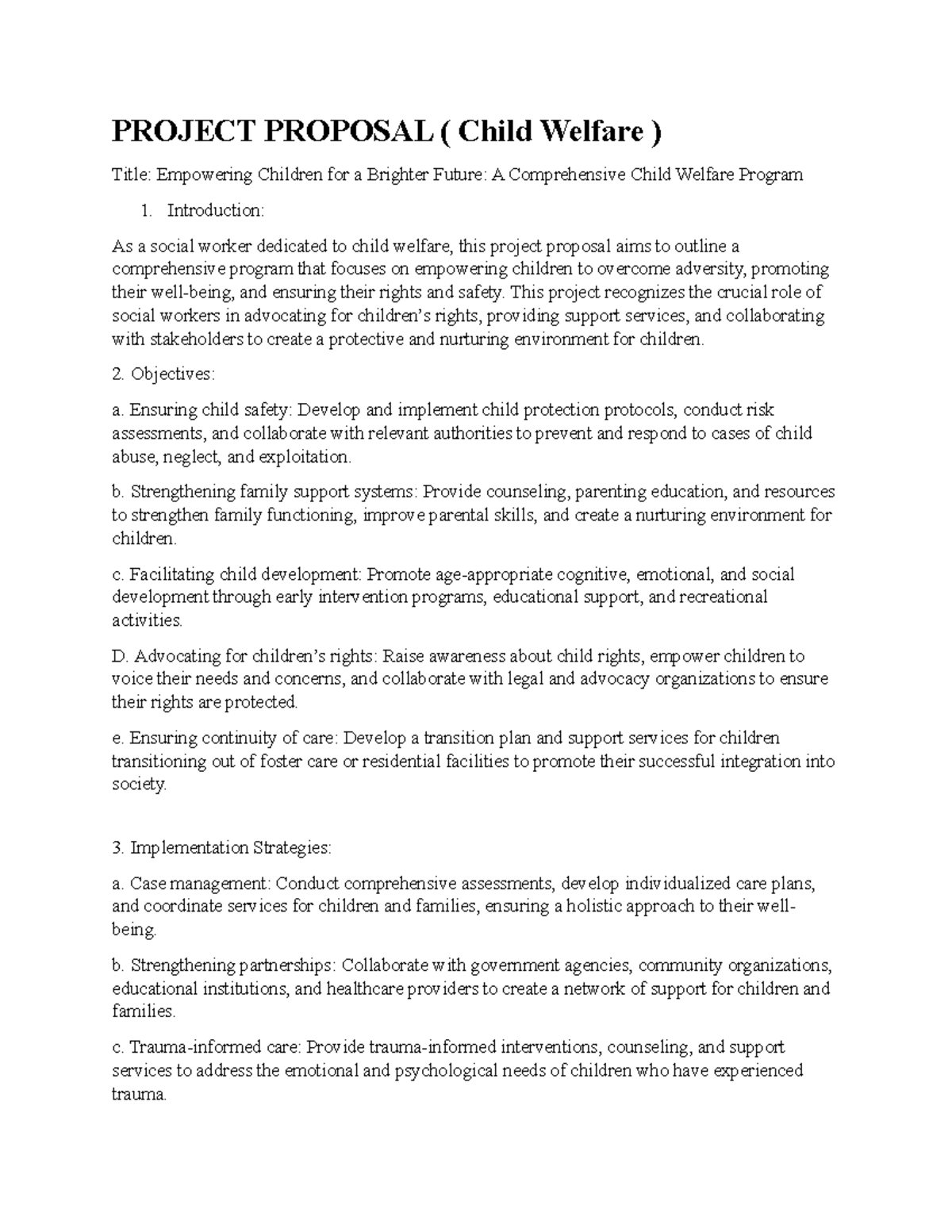 Child Welfare - social science - PROJECT PROPOSAL ( Child Welfare ...