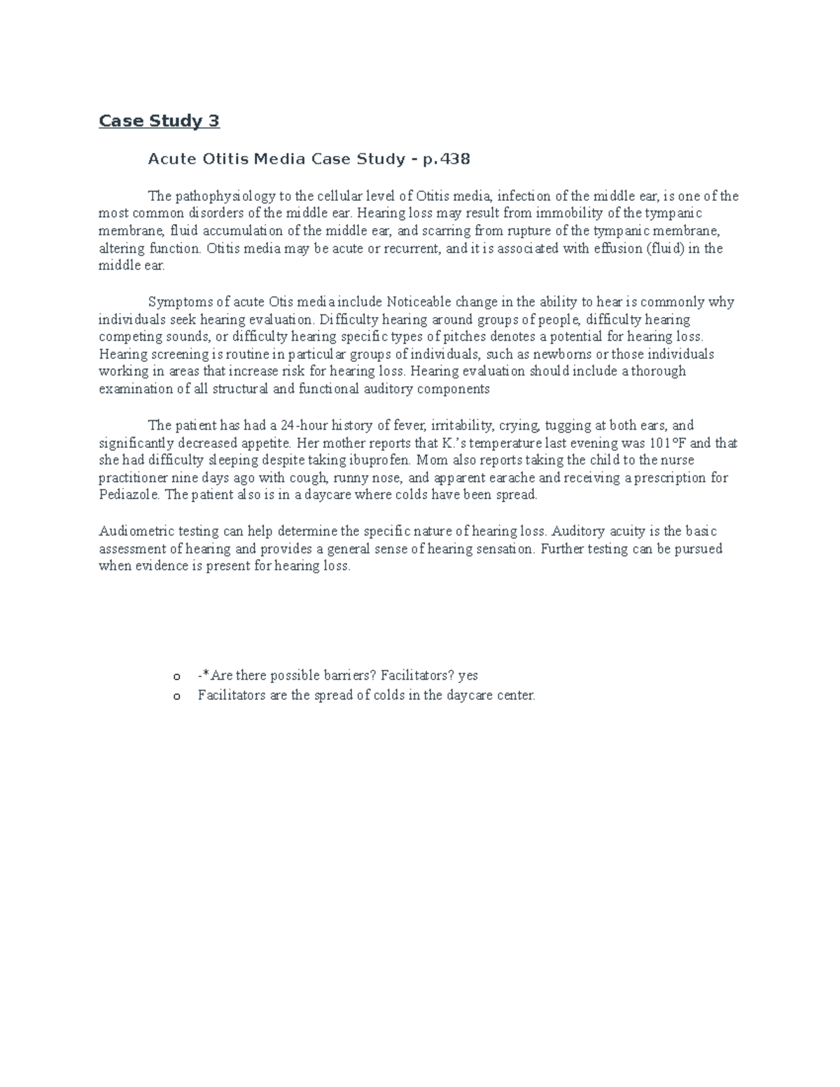 3rd assignment case studies - Case Study 3 Acute Otitis Media Case ...