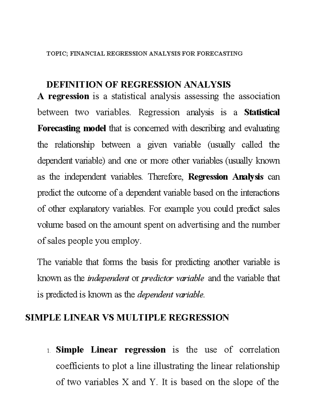 Lesson 2. Regression Analysis - TOPIC; FINANCIAL REGRESSION ANALYSIS FOR FORECASTING DEFINITION ...