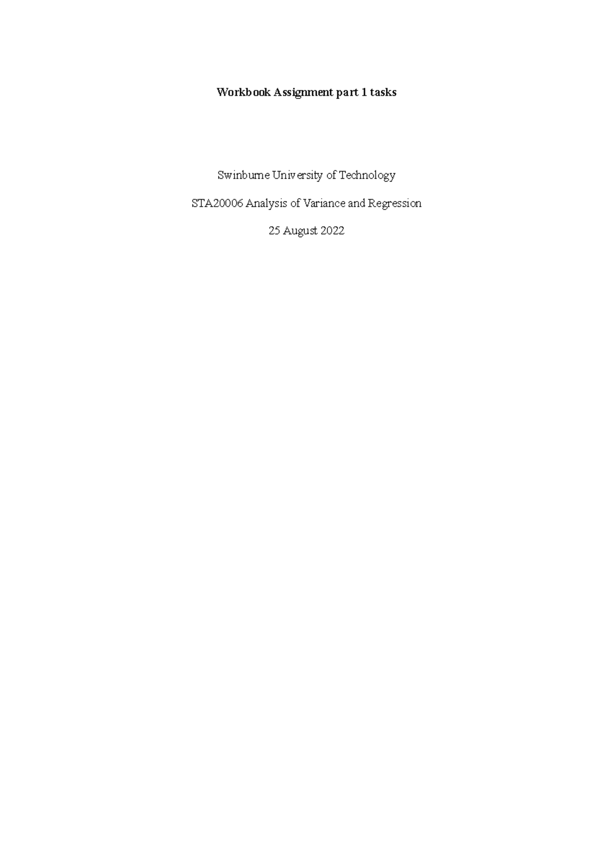 Sta20006 Assignment 2 Workbook Assignment Part 1 Workbook Assignment Part 1 Tasks Swinburne