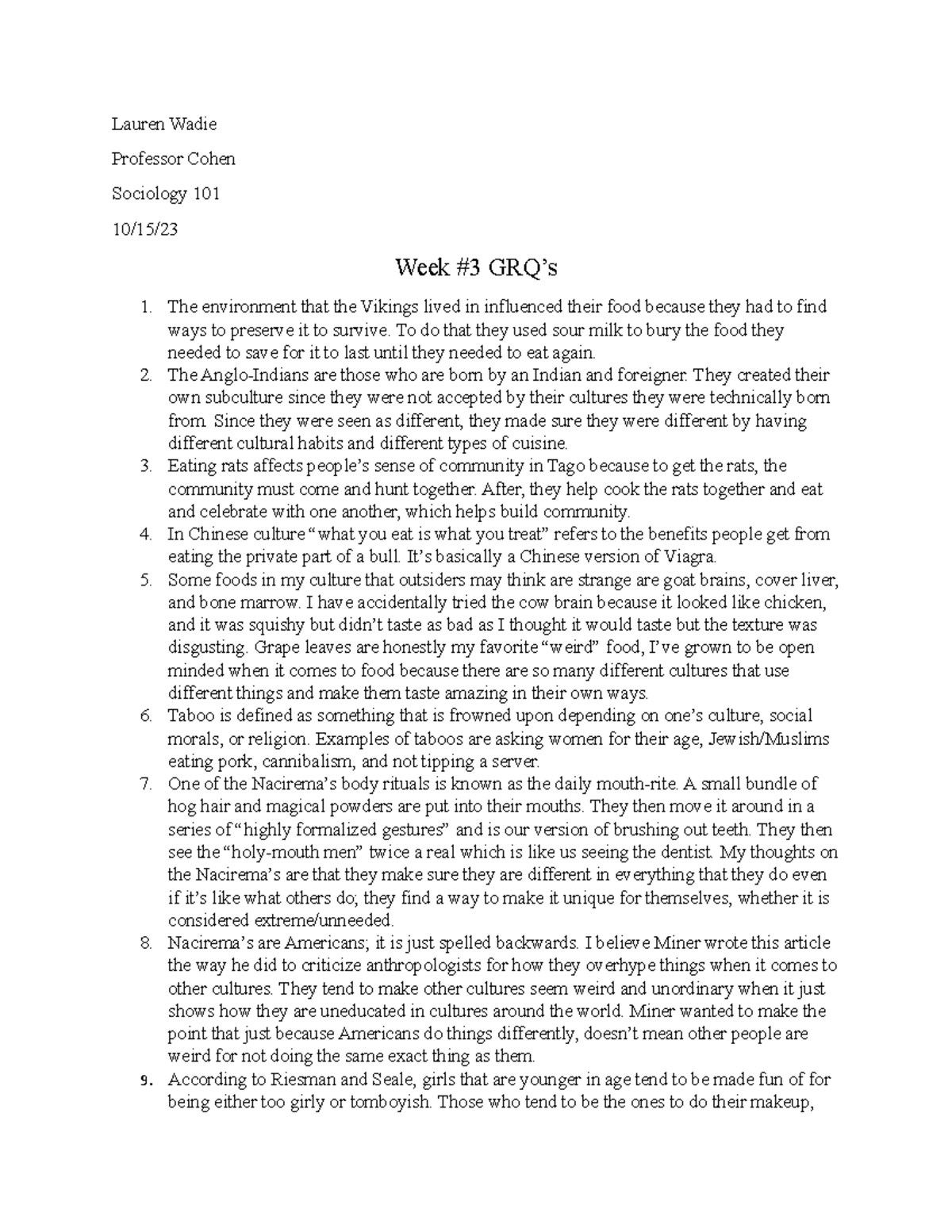 Week #3 GRQ SOC 101 - weekly assignment - Lauren Wadie Professor Cohen ...