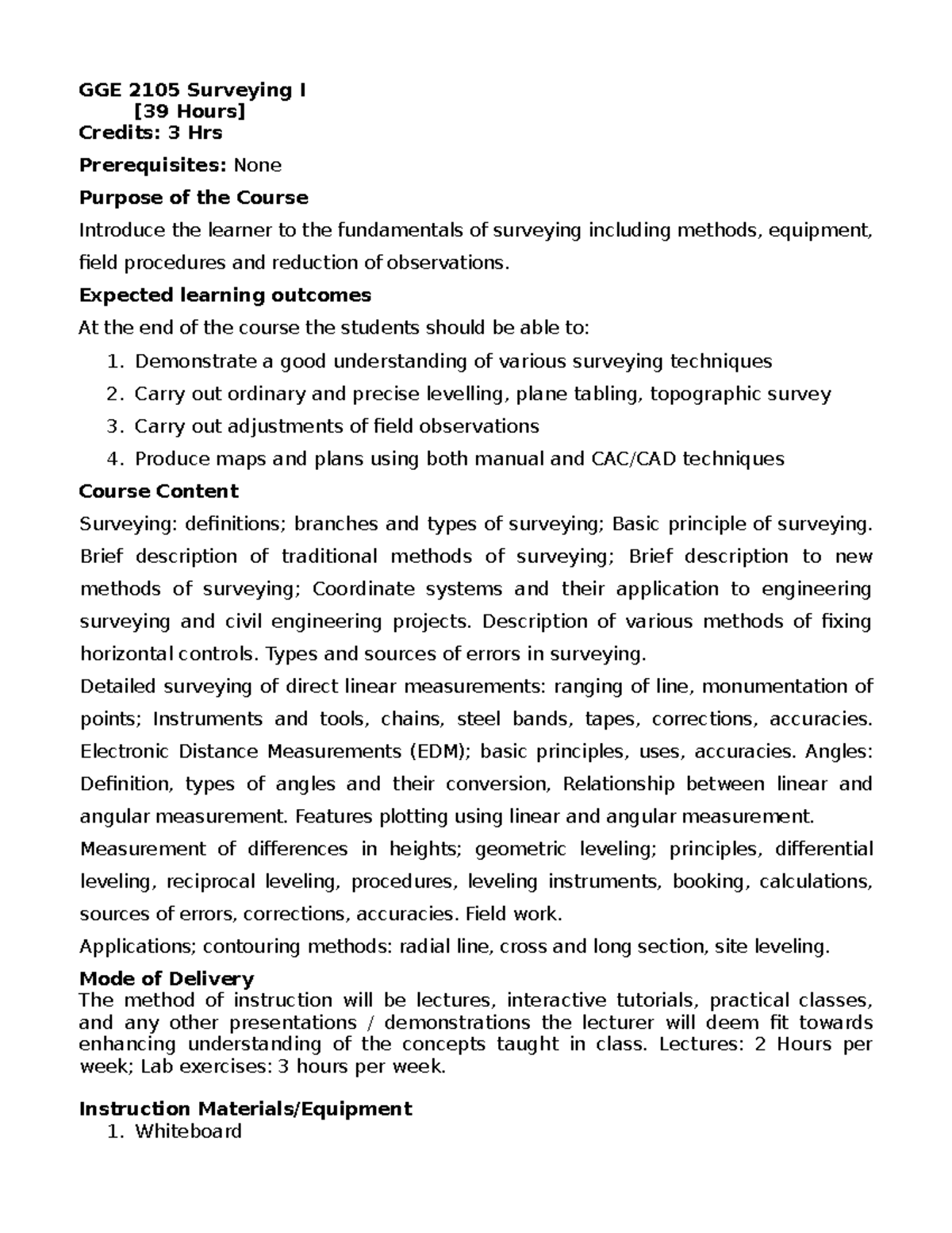GGE 2105 Surveying I-Civil Engineering - GGE 2105 Surveying I [39 Hours ...