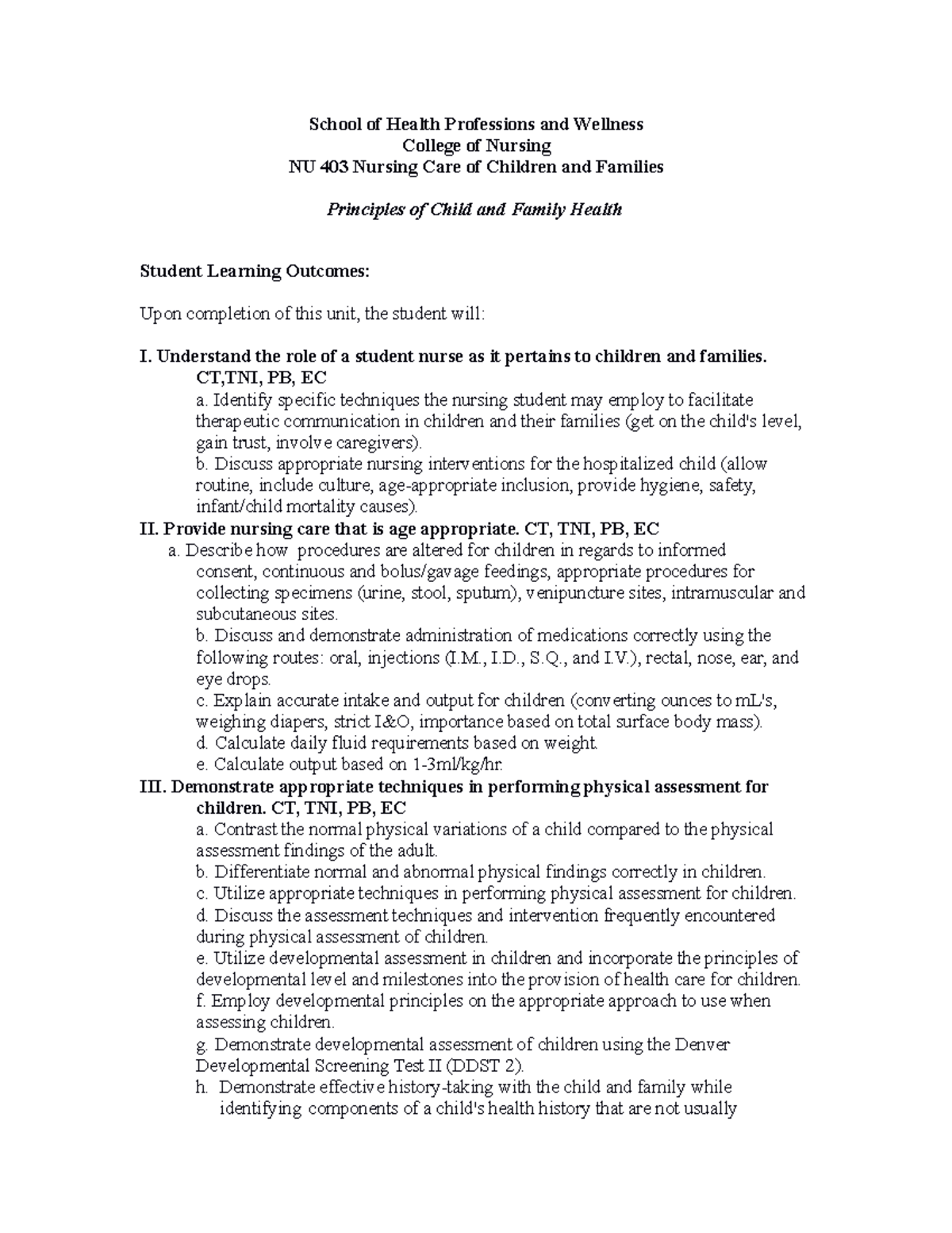 Outline Principles of Child and Family Health skills unit 1 rev 8 23 ...