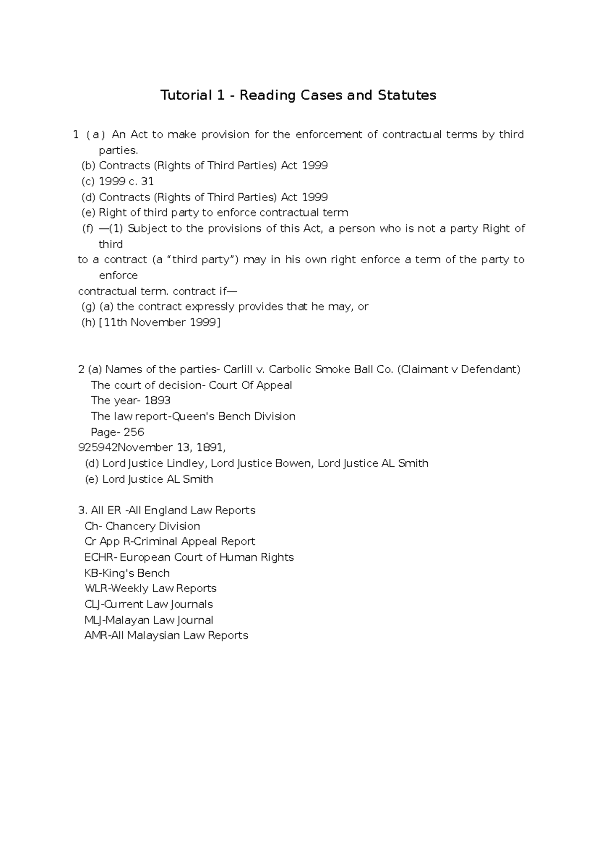 Legal Skills And Methods Tutorials - Tutorial 1 - Reading Cases and ...