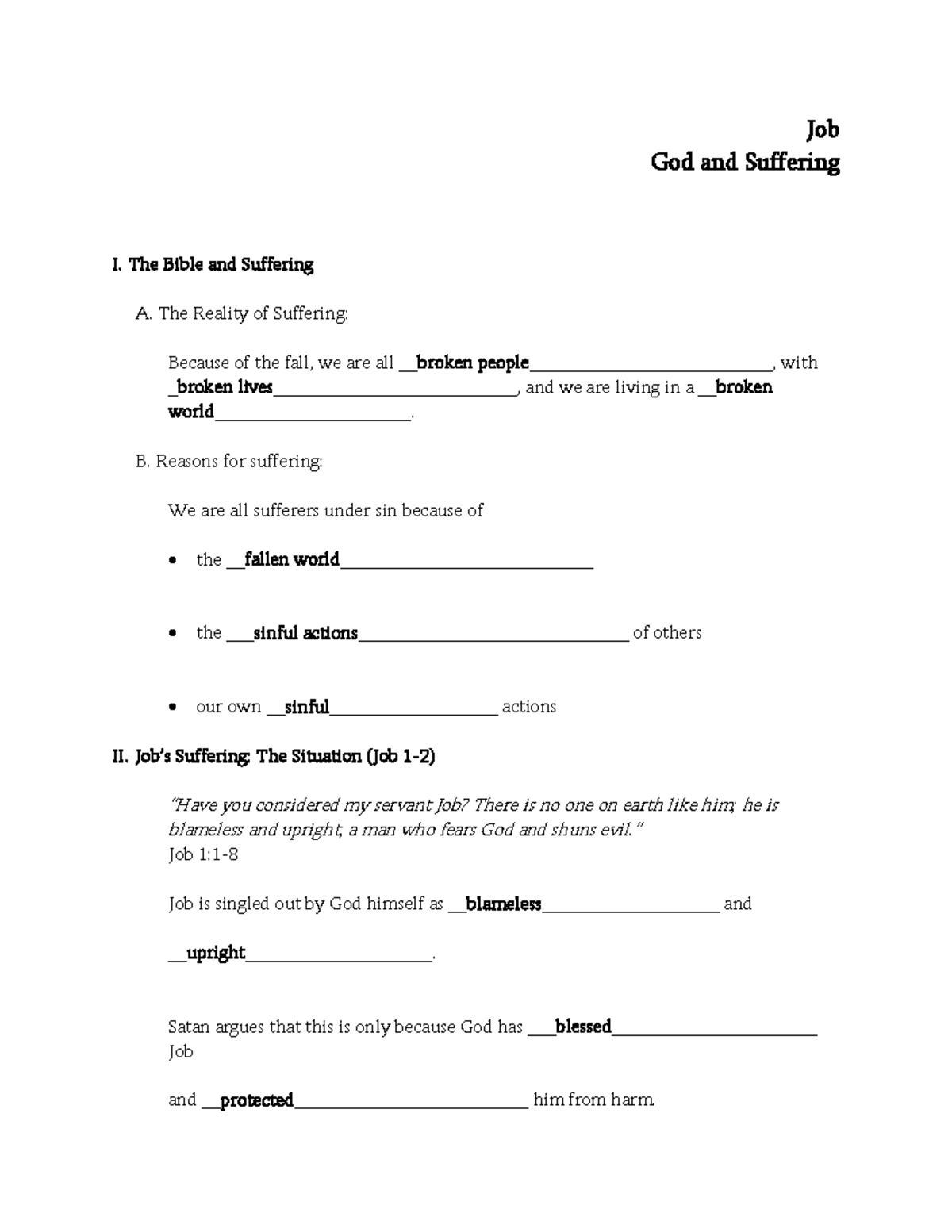 Job BIBL105 Notes - Job God and Suffering I. The Bible and Suffering A ...