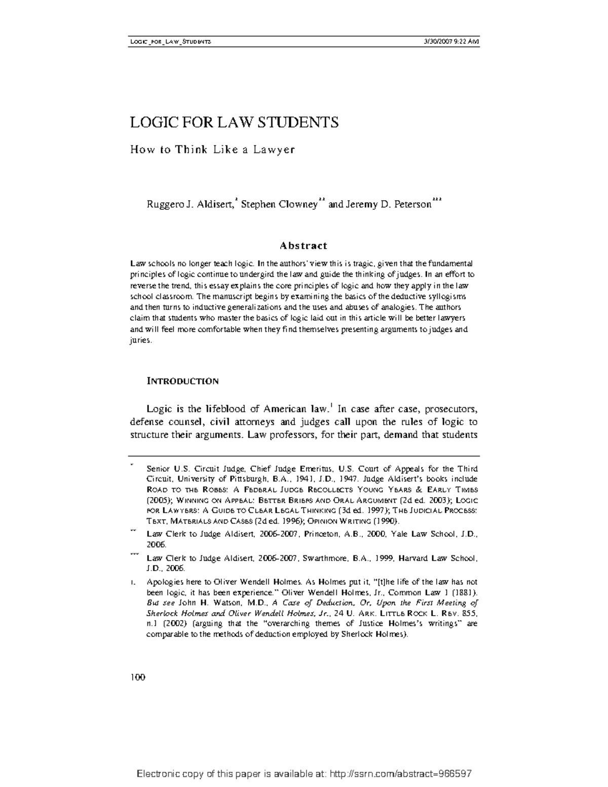 Logic for Law Students How to Think Like a Lawyer - Electronic copy of ...