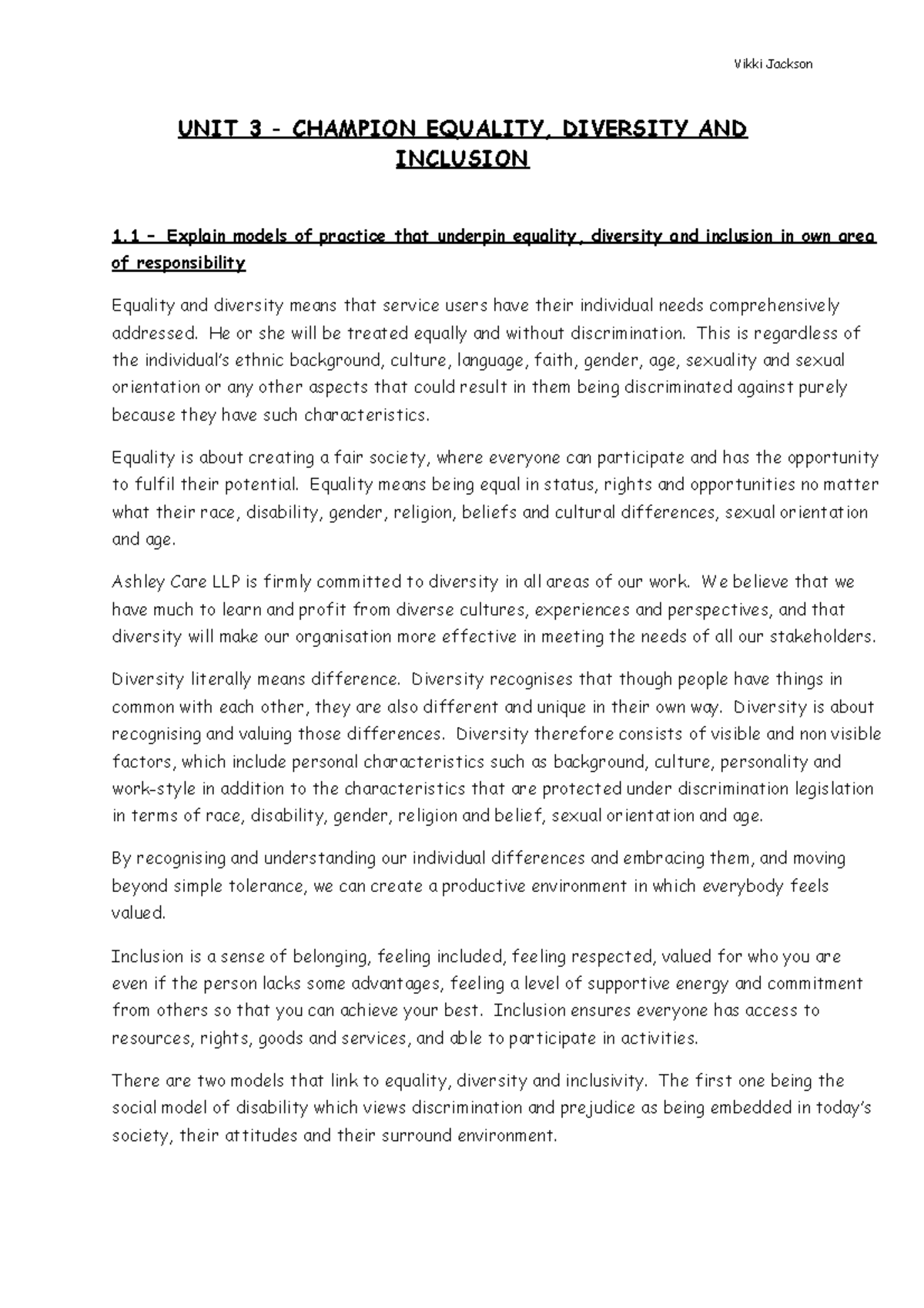 Unit 3 - Champion Equality, Diversity and Inclusion - UNIT 3 - CHAMPION ...