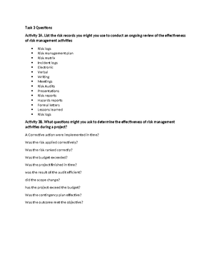 Assessment - Risk management - Questions Activity 1A Risk ...