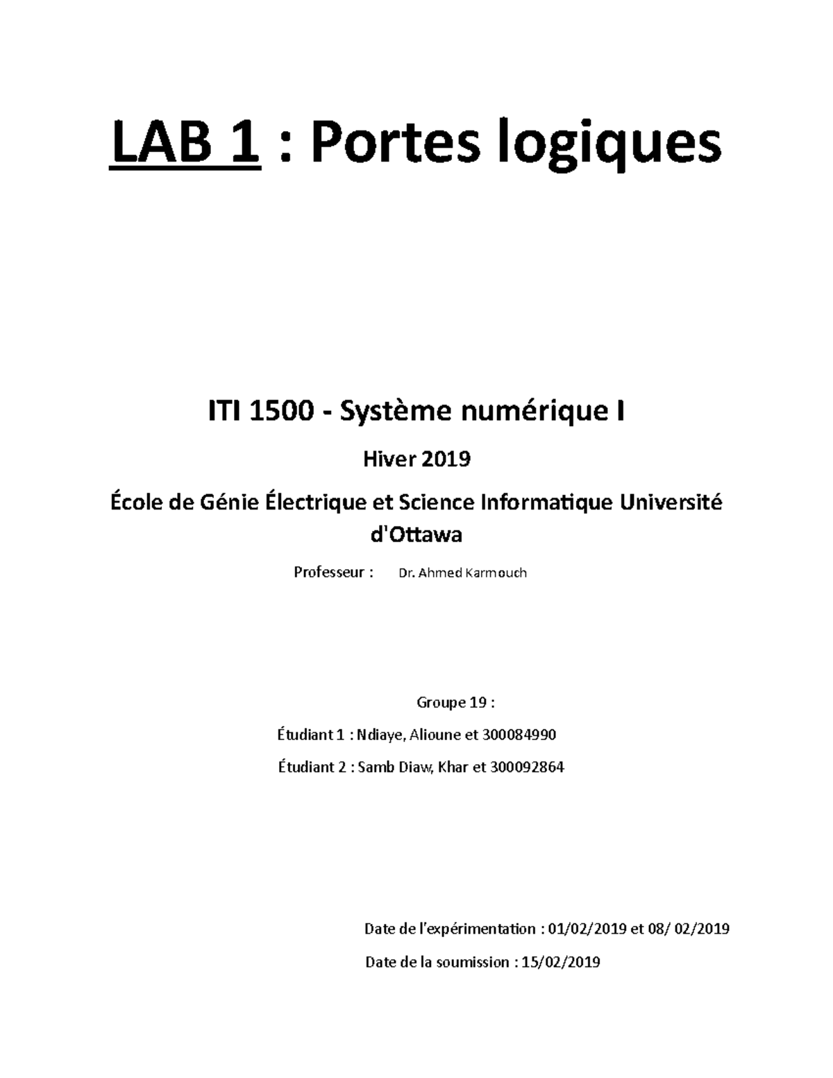 Rapport de lab ITI1500 - LAB 1 : Portes logiques ITI 1500 - Système ...