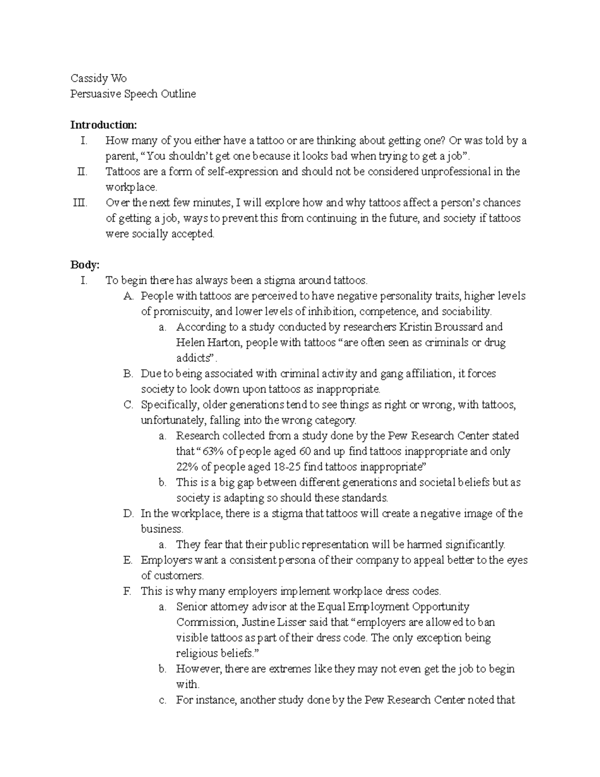 Persuasive speech - Cassidy Wo Persuasive Speech Outline Introduction ...