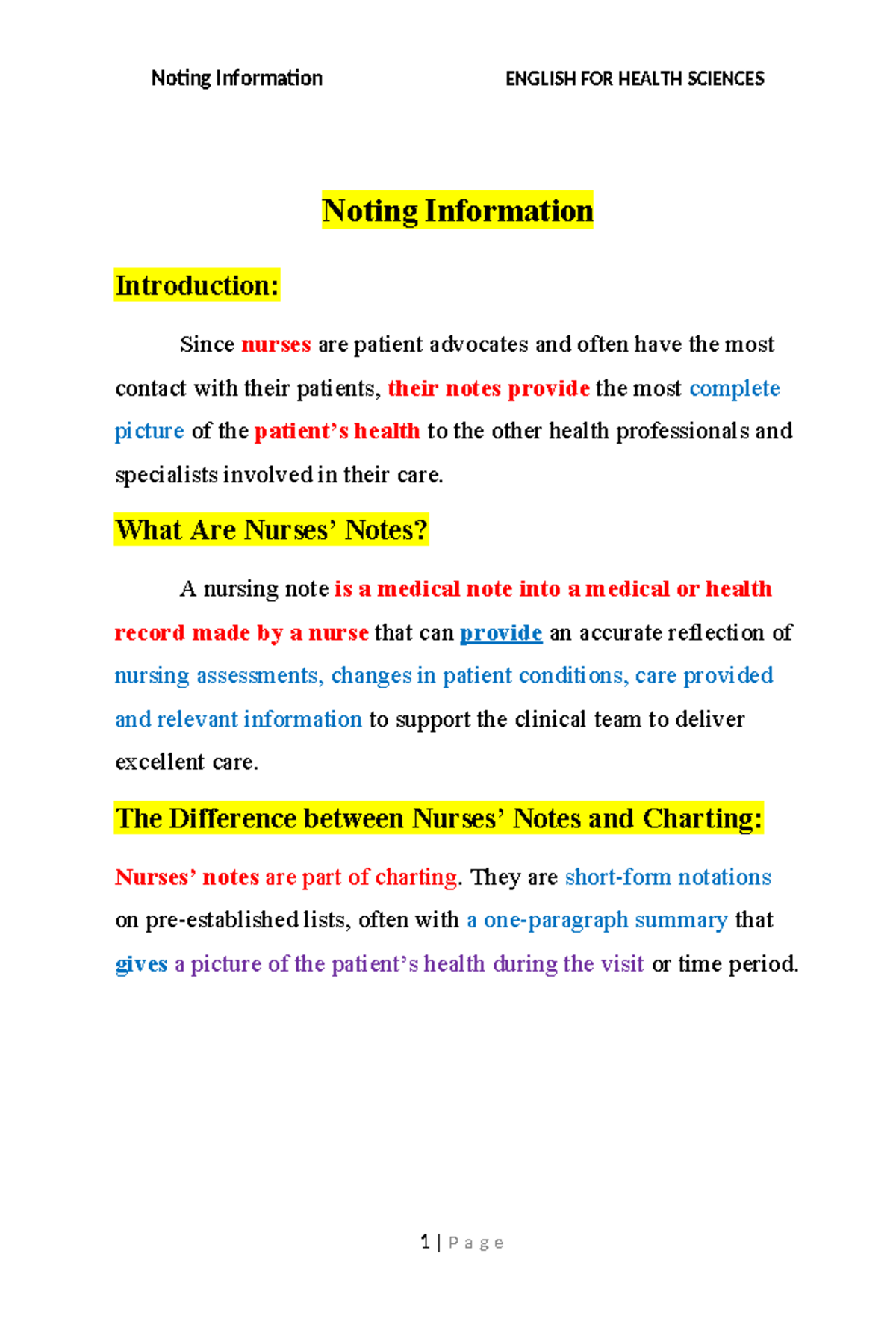 F - notes - Noting Information Introduction: Since nurses are patient ...