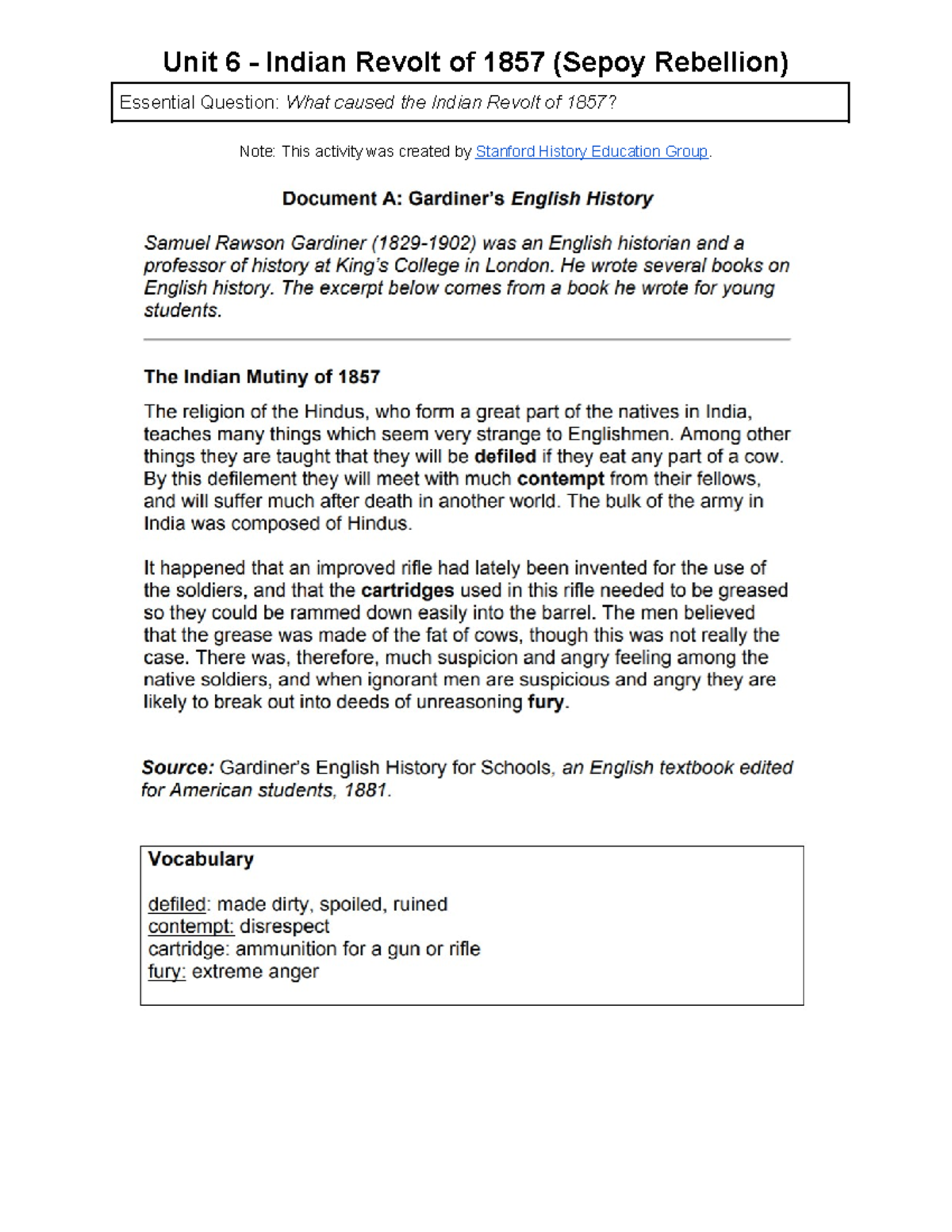 Unit 6 - Indian Revolt of 1857 Student Documents - Unit 6 - Indian ...