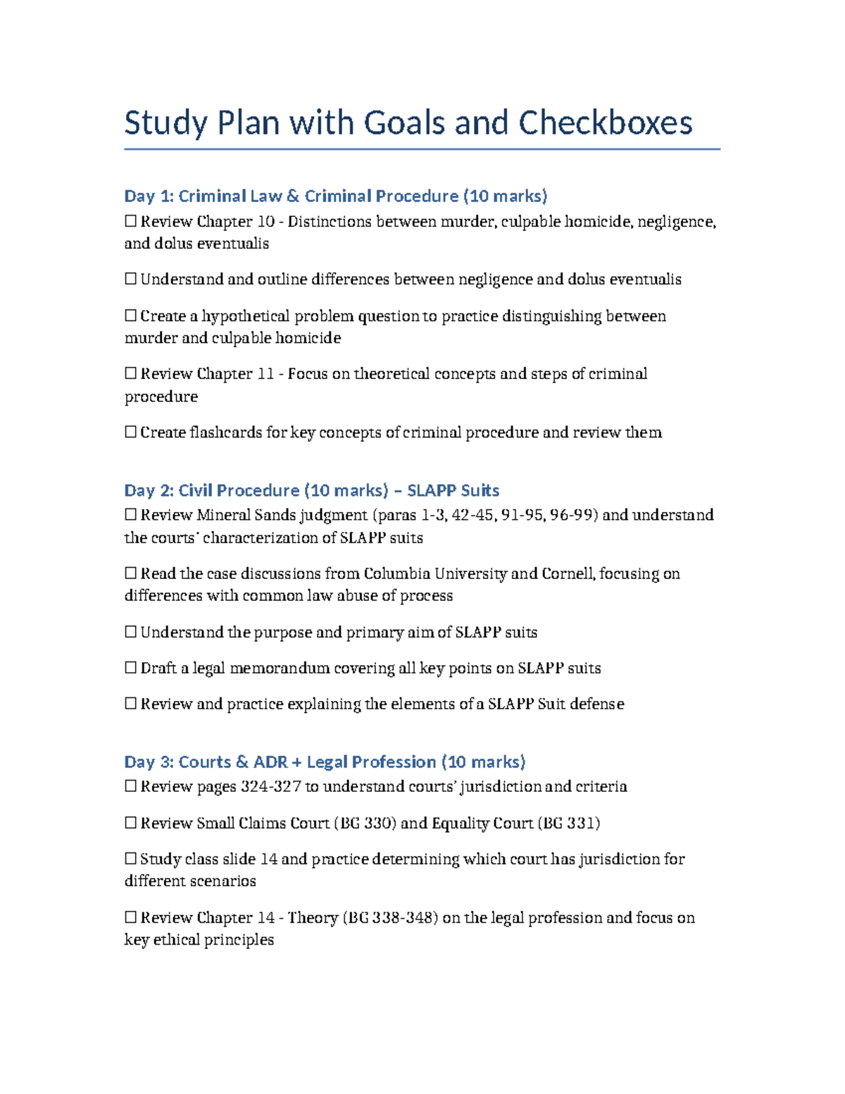 Study Plan with Goals and Checkboxes - Studocu