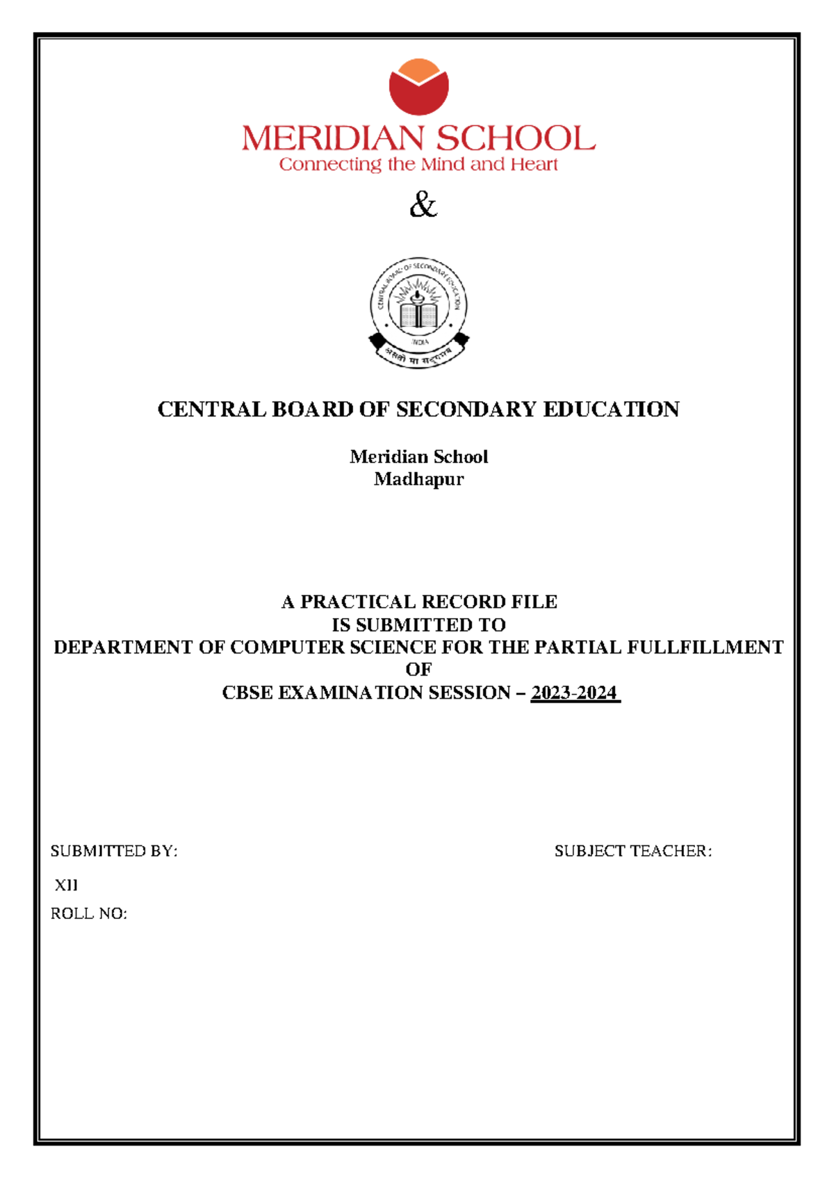Front page for grade 12 CS - & CENTRAL BOARD OF SECONDARY EDUCATION ...