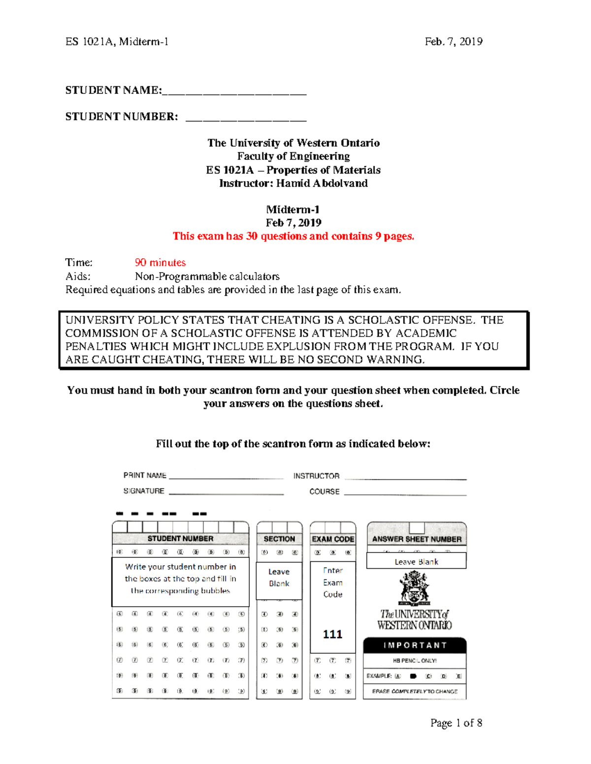 Exam 17 March, questions and answers - ES 1021A, Midterm-1 Feb. 7, 2019 ...