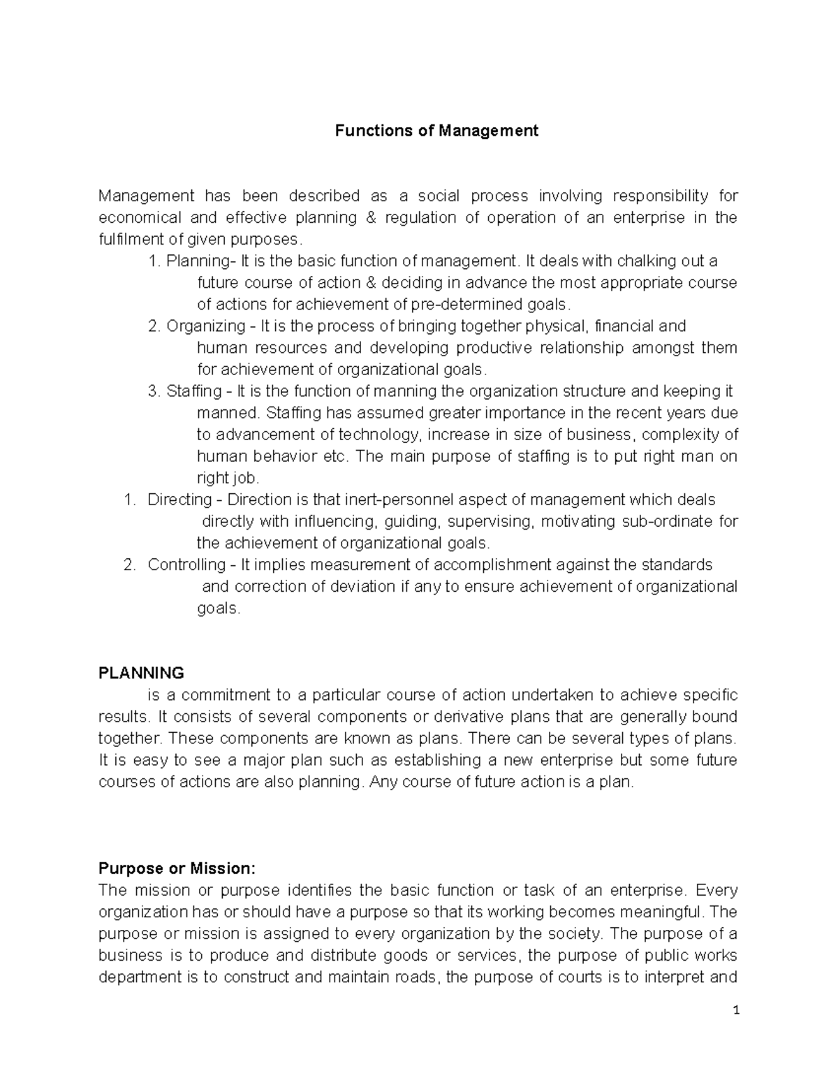 Functions - Planning- It is the basic function of management. It deals ...