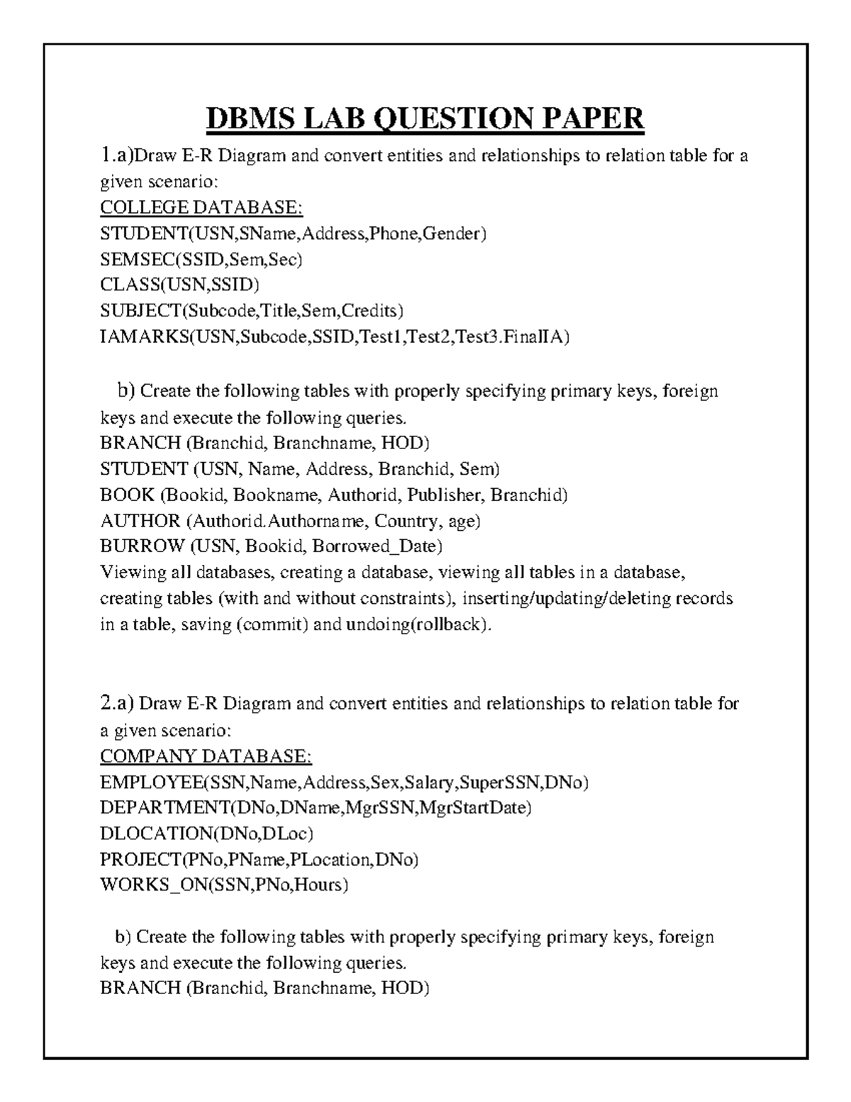 Dbms Lab Question Paper Dbms Lab Question Paper 1draw E R Diagram And Convert Entities And 7705
