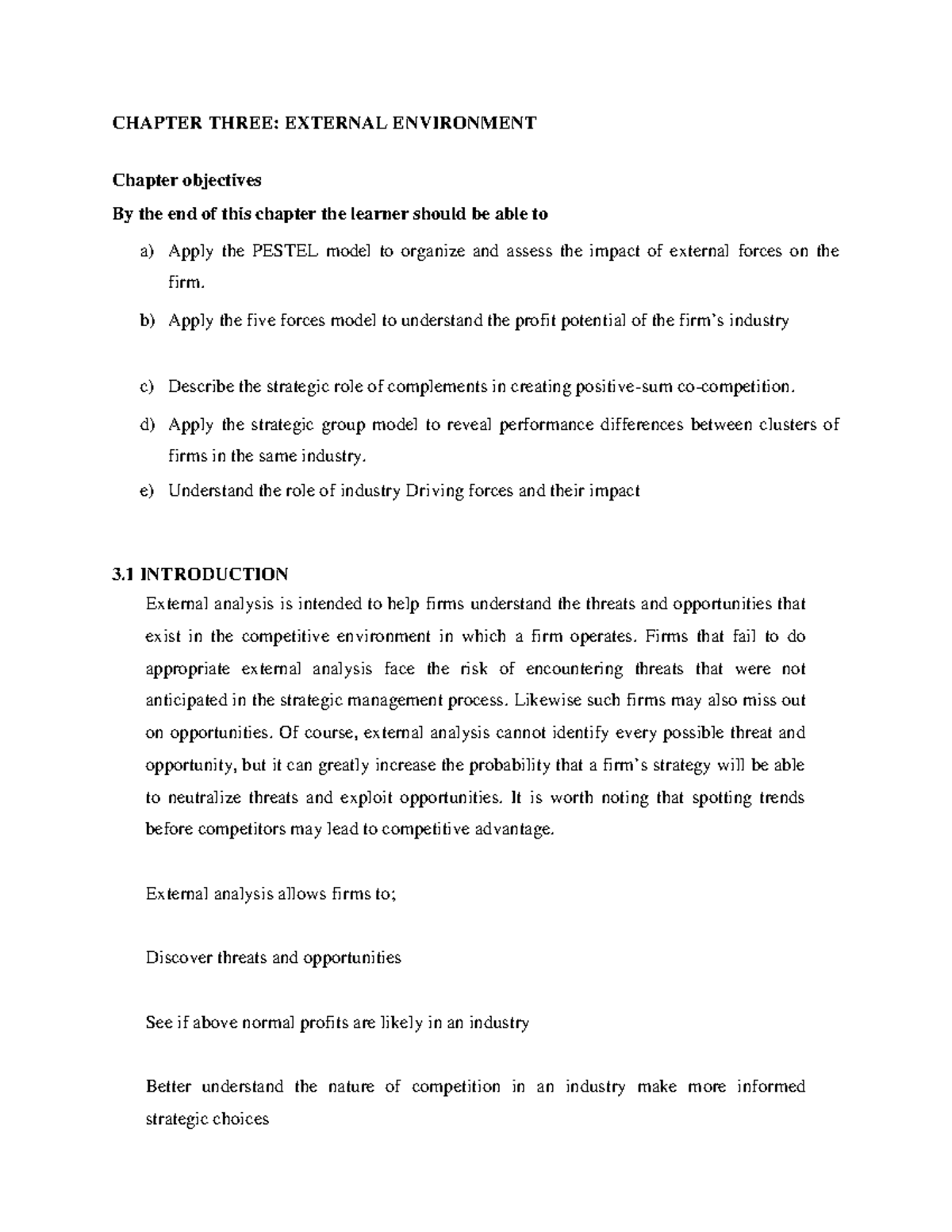 Lesson 3- External Environment - CHAPTER THREE: EXTERNAL ENVIRONMENT Chapter objectives By the ...