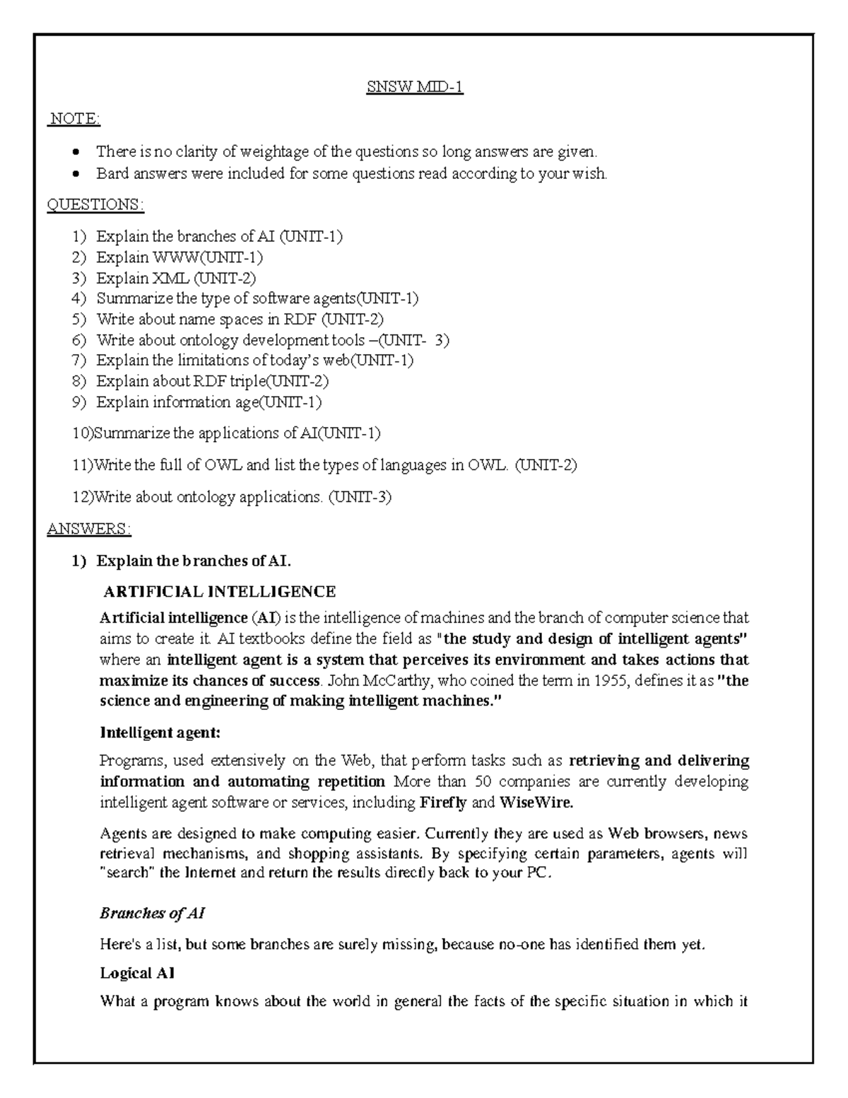 SNSW MID-1 - SNSW MID-1 - SNSW MID- NOTE: There is no clarity of weightage of the questions so ...