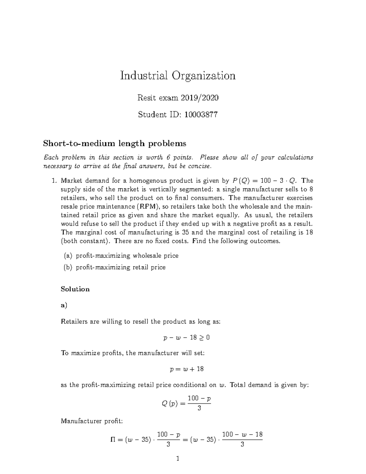 Sample exam resit 2020 - Industrial Organization Resit exam 2019 ...