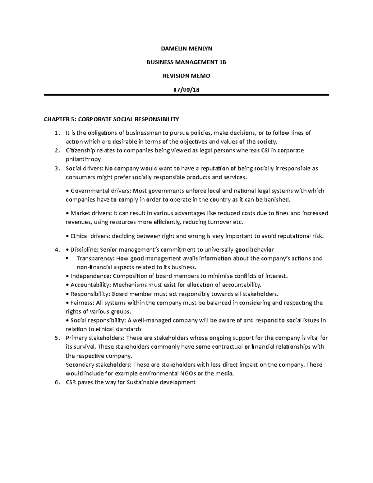 BMG 1B revision memo - DAMELIN MENLYN BUSINESS MANAGEMENT 1B REVISION ...
