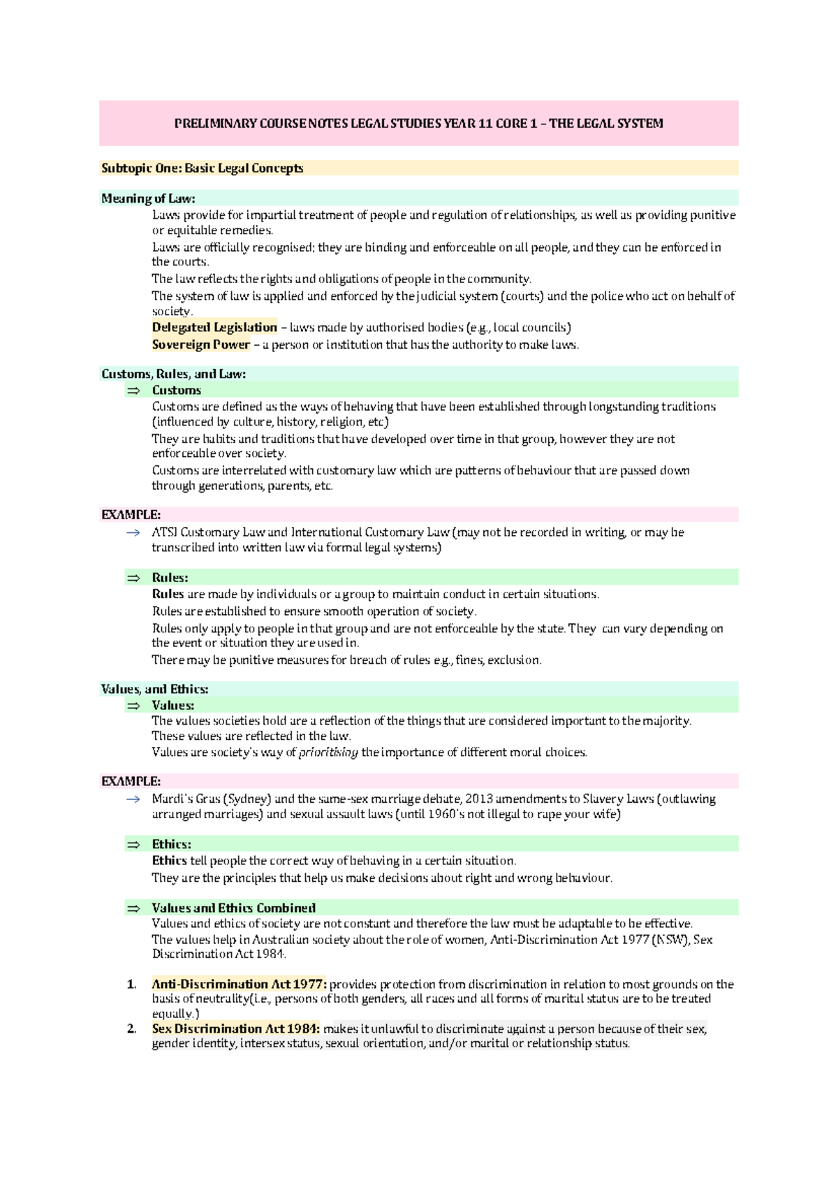 CORE 1 Preliminary Course Notes Legal Studies YEAR 11 - PRELIMINARY ...