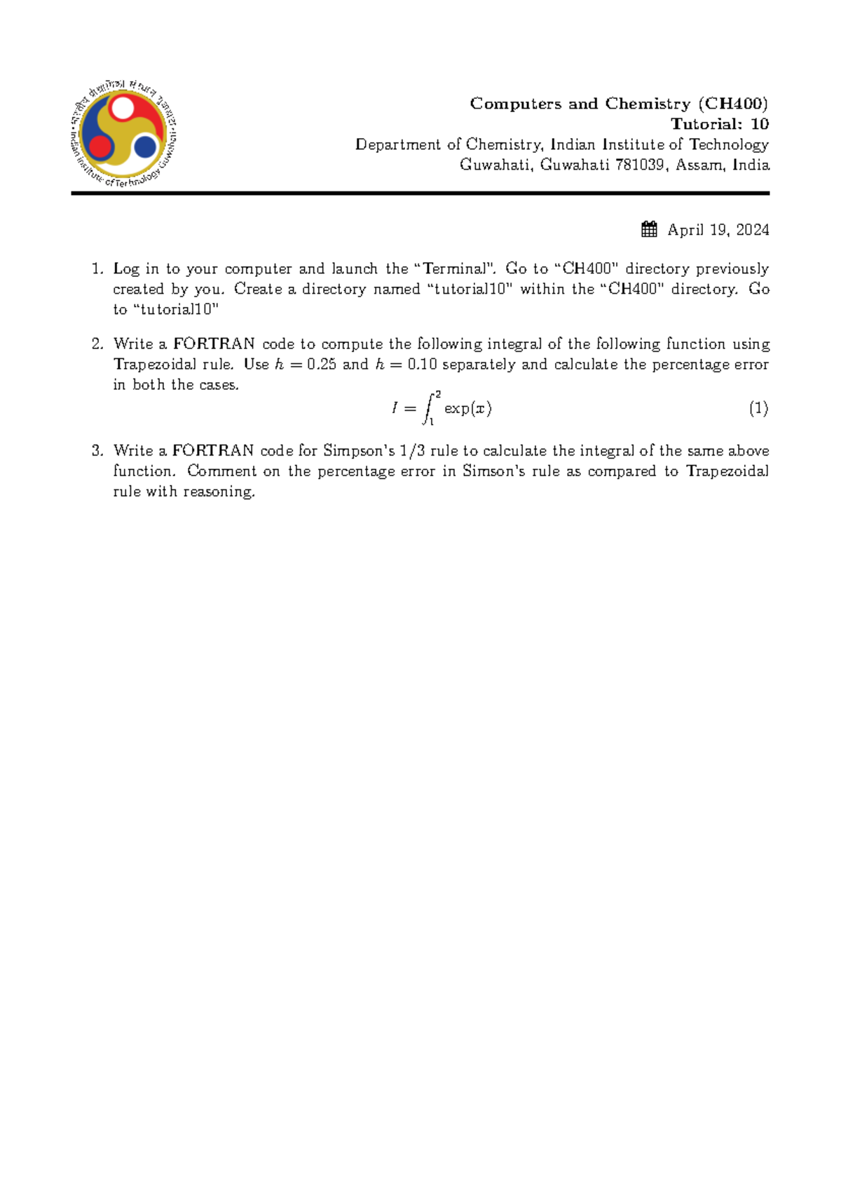 Tut10 ch400 - Tutorial - Computers and Chemistry (CH400) Tutorial: 10 ...