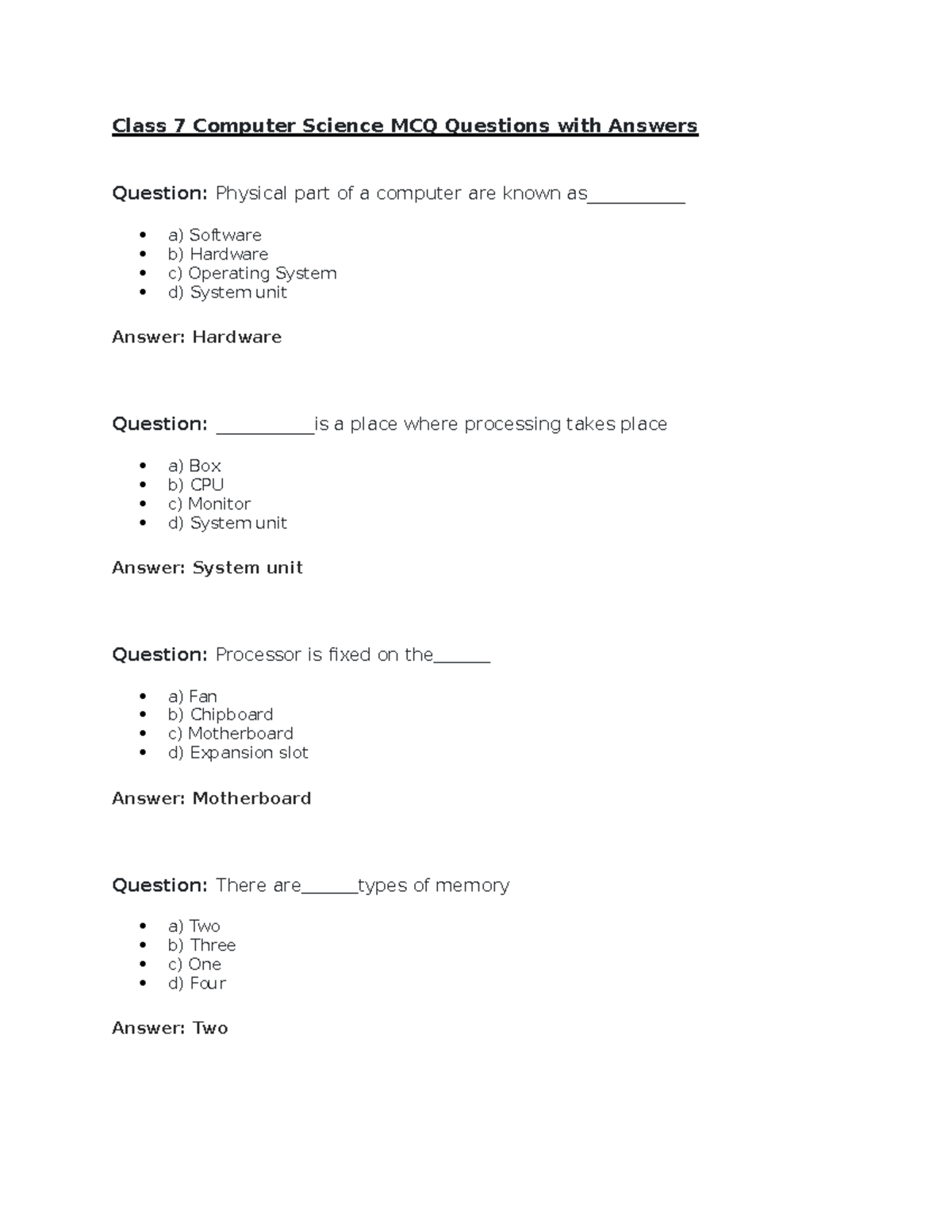 MCQ Class 7 Computer Science Class 7 Computer Science MCQ Questions 