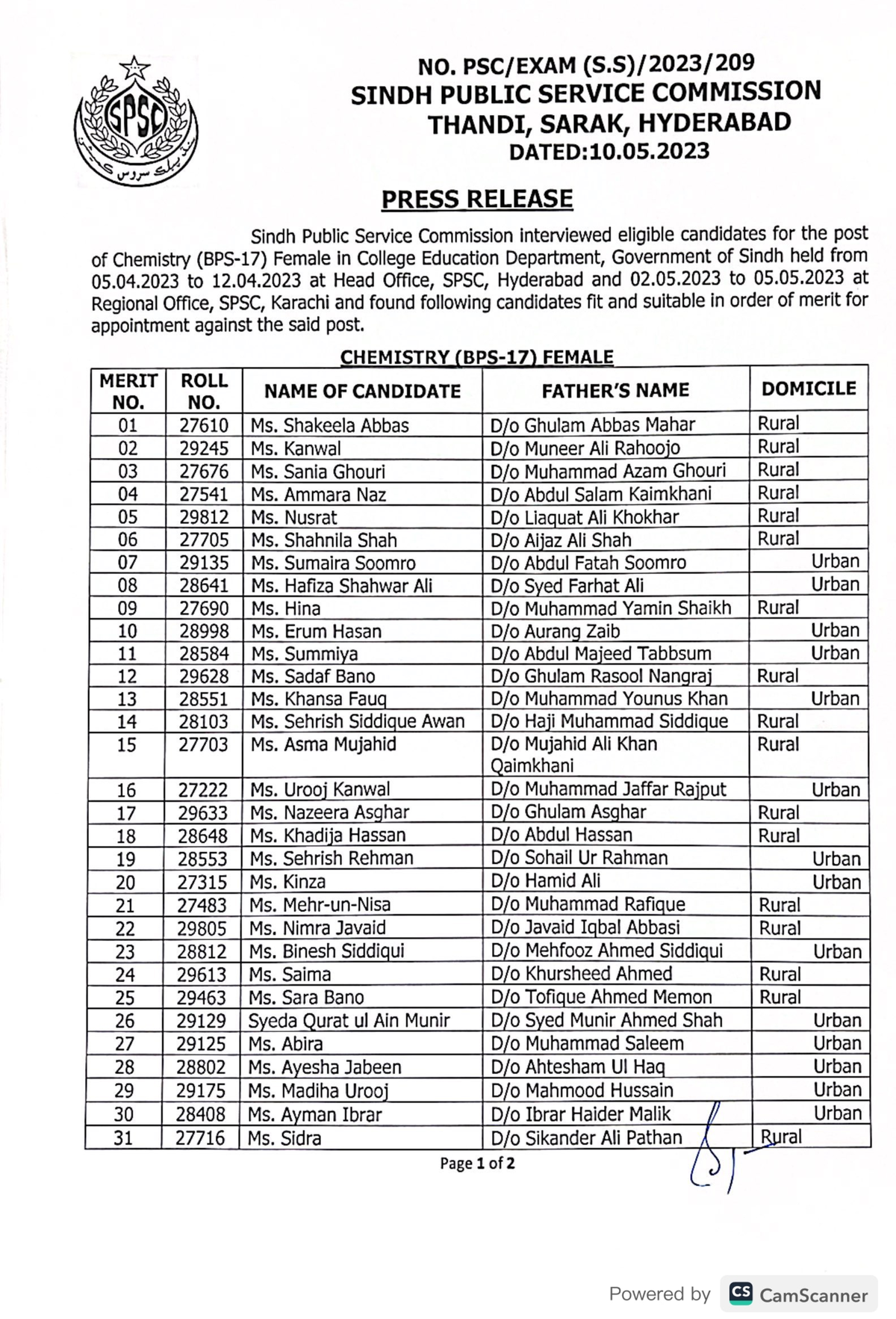 Result-Chem-female - Chemistry result female - NO. PSC/EXAM (S)/2023/ ...