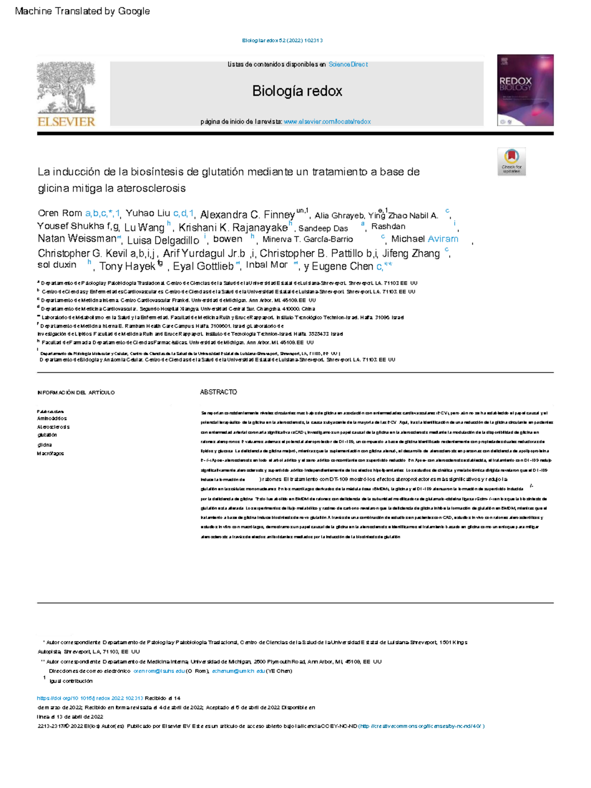 Artículo traducción - Resumen Bioquímica - , Tony Hayek , , Oren Rom a ...