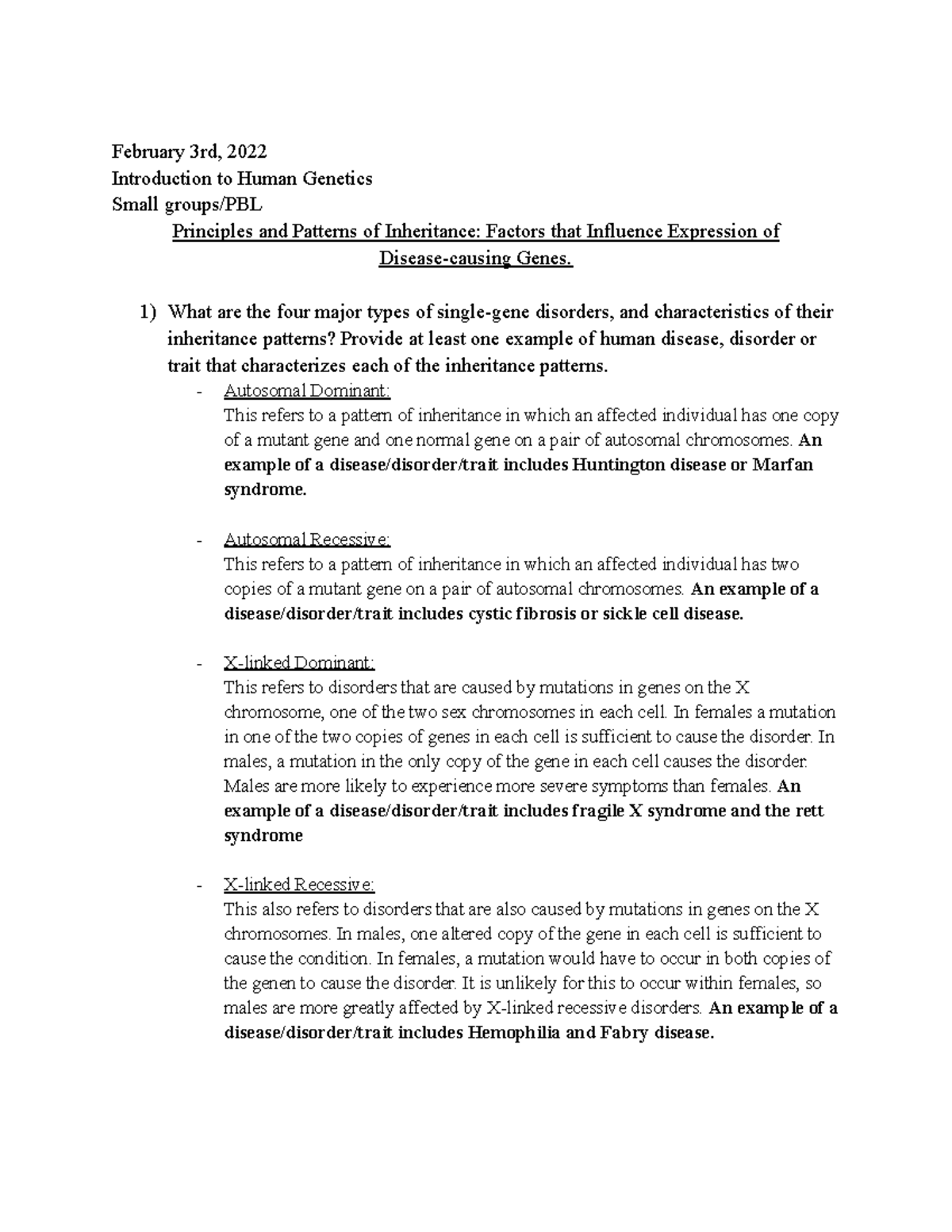Genetics Assignment 1 - February 3rd, 2022 Introduction to Human ...