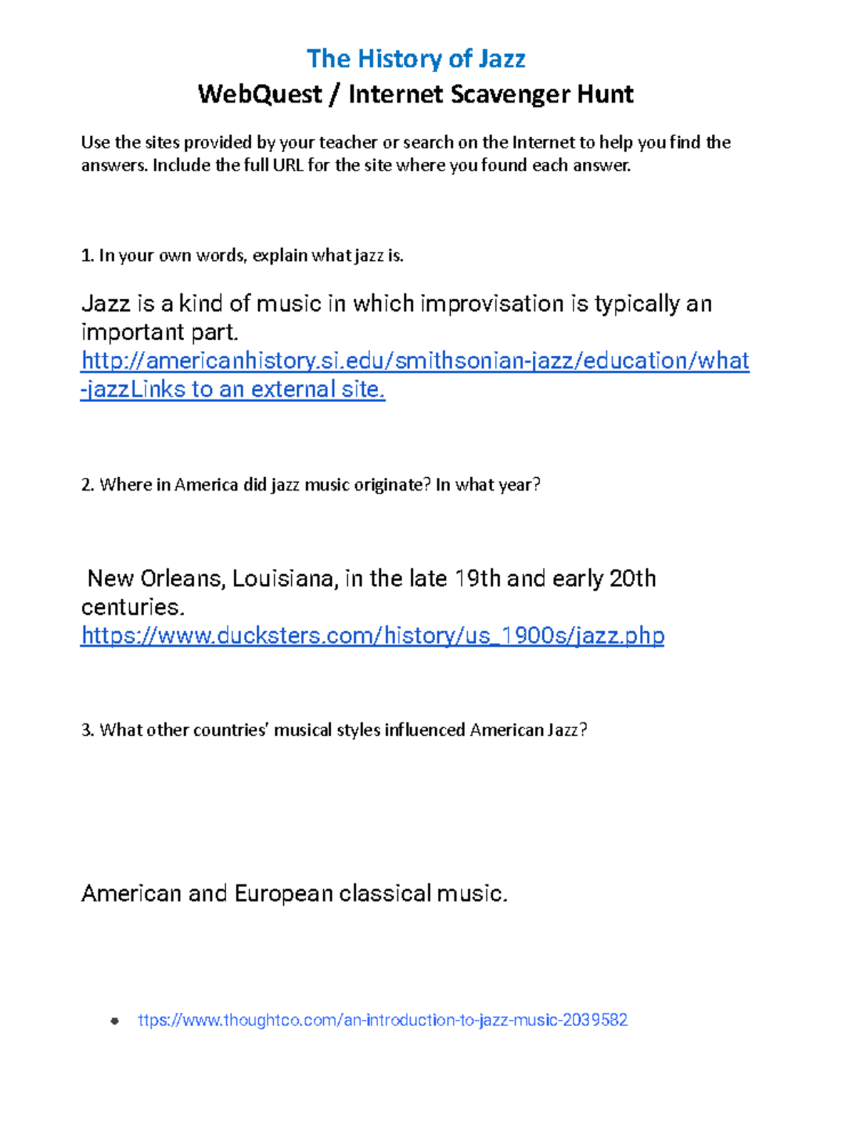 Copy of History of Jazz Webquest - The History of Jazz WebQuest ...