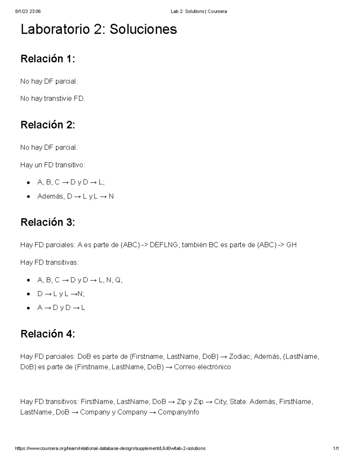 Week 3 - Lab 2 Identify Special FDs Solutions - 8/1/23 23:06 Lab 2 ...