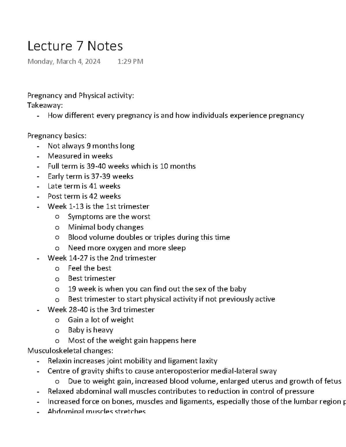 Lecture 7 Notes - Pregnancy and Physical activity: Takeaway: How ...