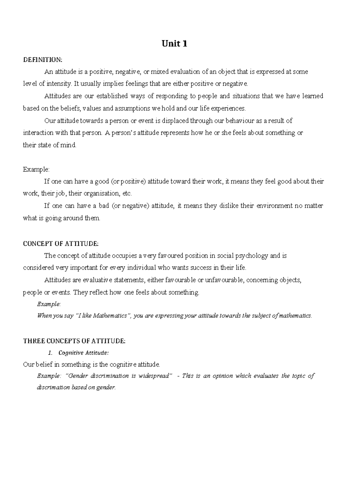 Personality Development Notesunit 1and2 Unit 1 Definition An Attitude Is A Positive Negative