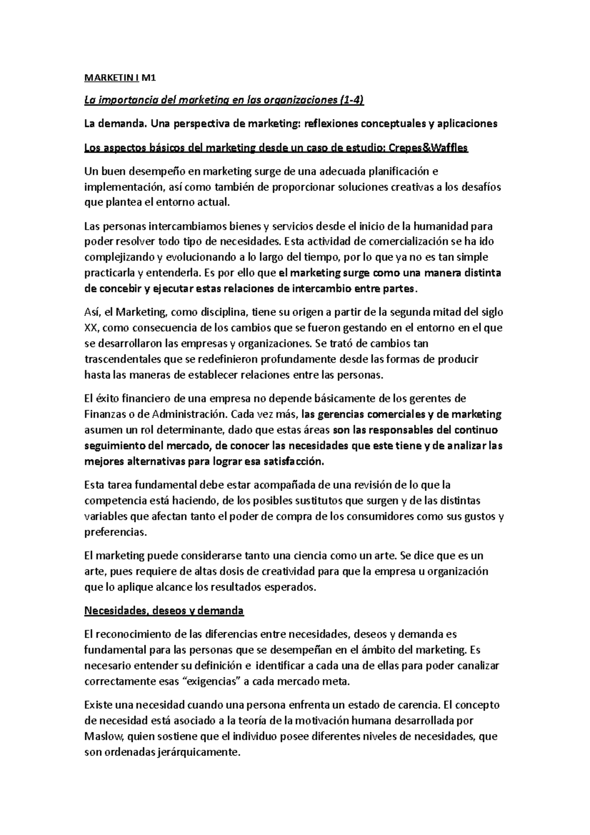 Marketin I M1 - ,.... - MARKETIN I M La importancia del marketing en las organizaciones (1-4) La ...