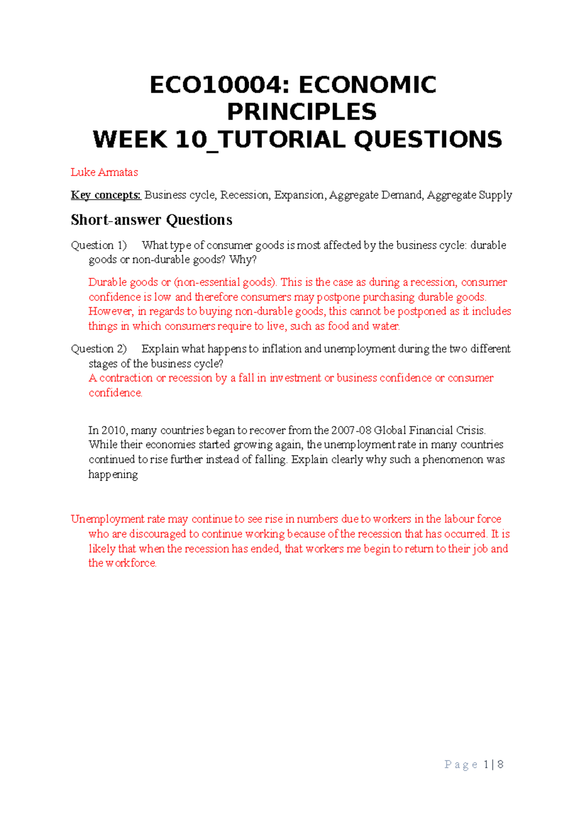Week 10 Tutorial Questions - ECO10004: ECONOMIC PRINCIPLES WEEK 10 ...