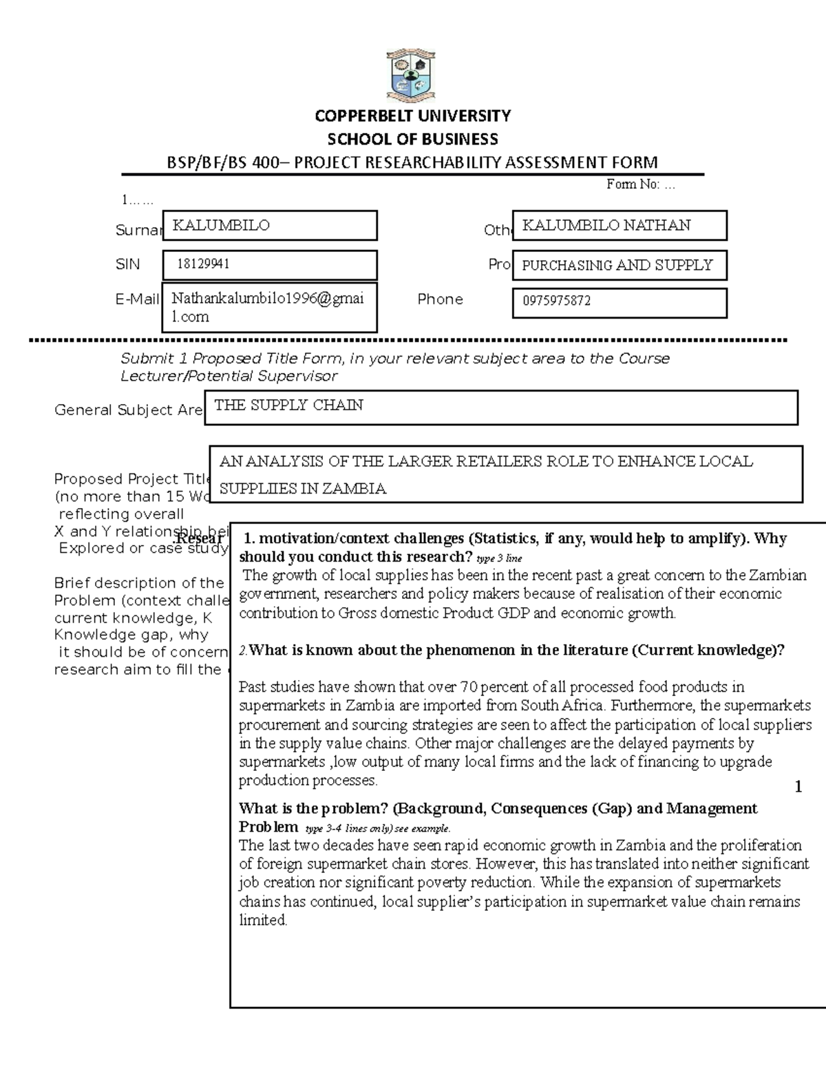 Project Proposal form 01 sample 4 - SCHOOL OF BUSINESS BSP/BF/BS 400 ...