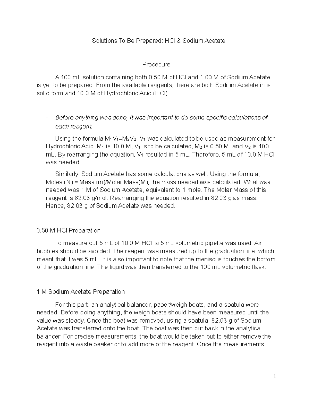 Pre-Lab 1 - lab - 1 Solutions To Be Prepared: HCl & Sodium Acetate Procedure A 100 mL solution ...