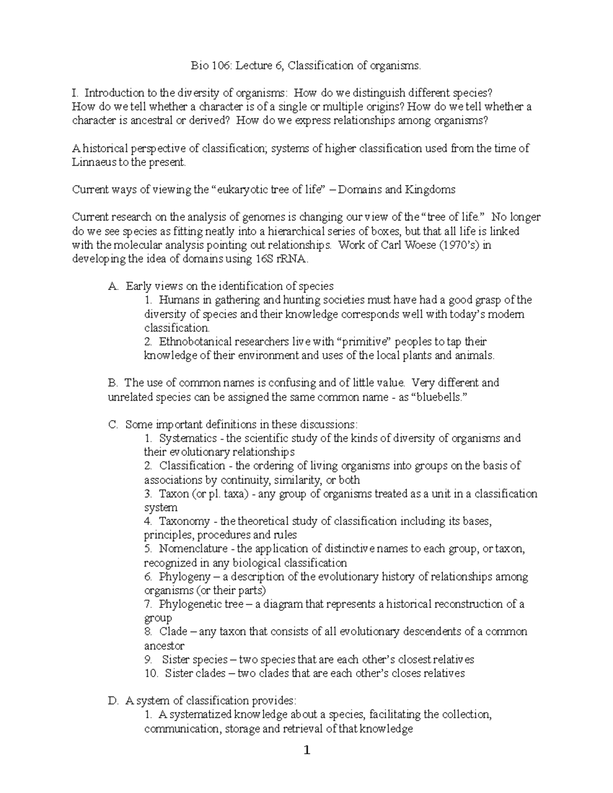 Lecture 06, Outline - notes - Bio 106: Lecture 6, Classification of ...