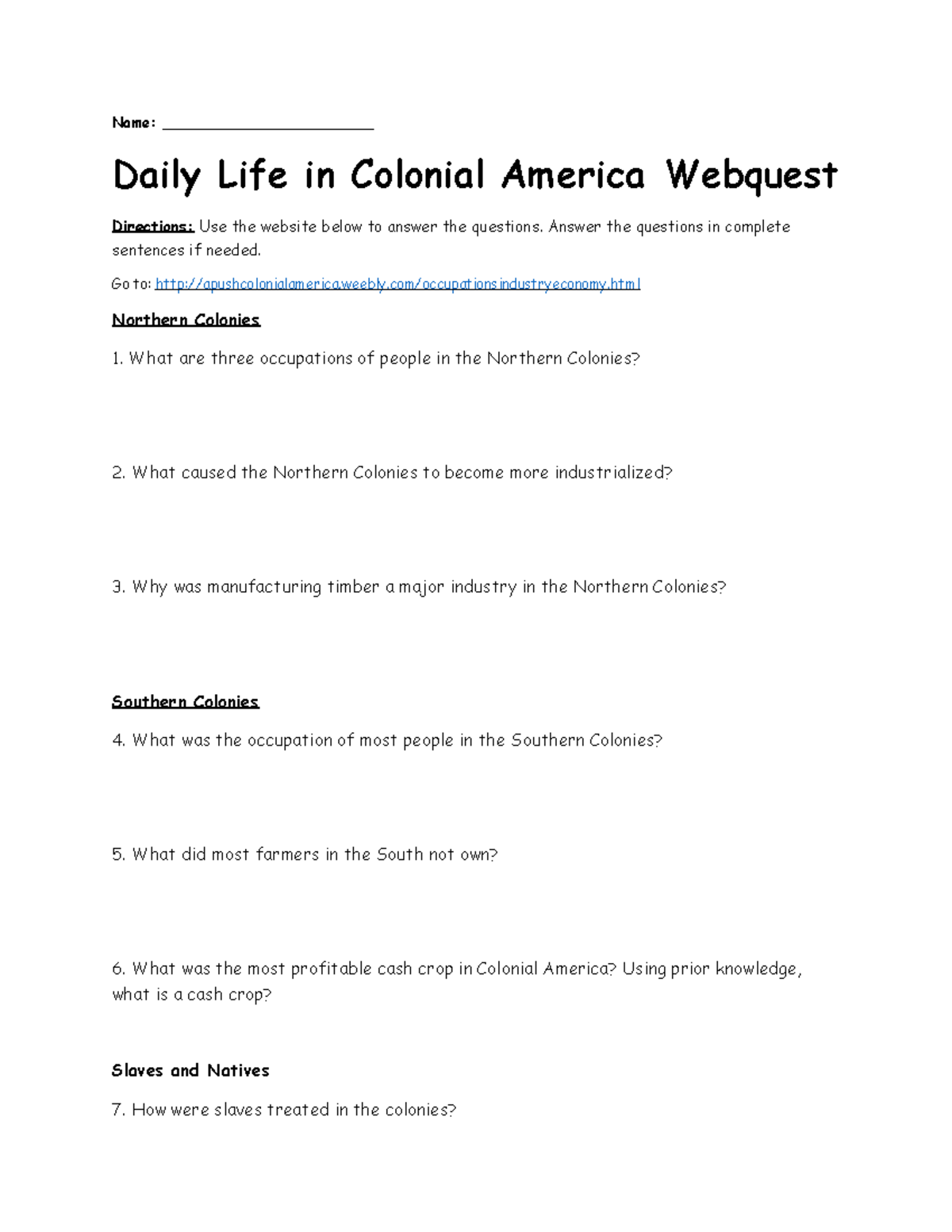 13 colonies webquest - Name: ________________________ Daily Life in ...
