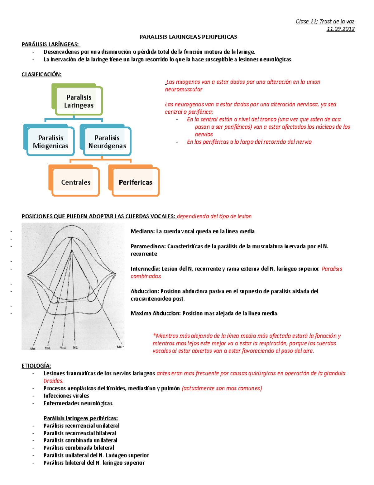 Clase 11 de septiembre Parálisis de cuerda vocal - Clase 11; Trast de ...
