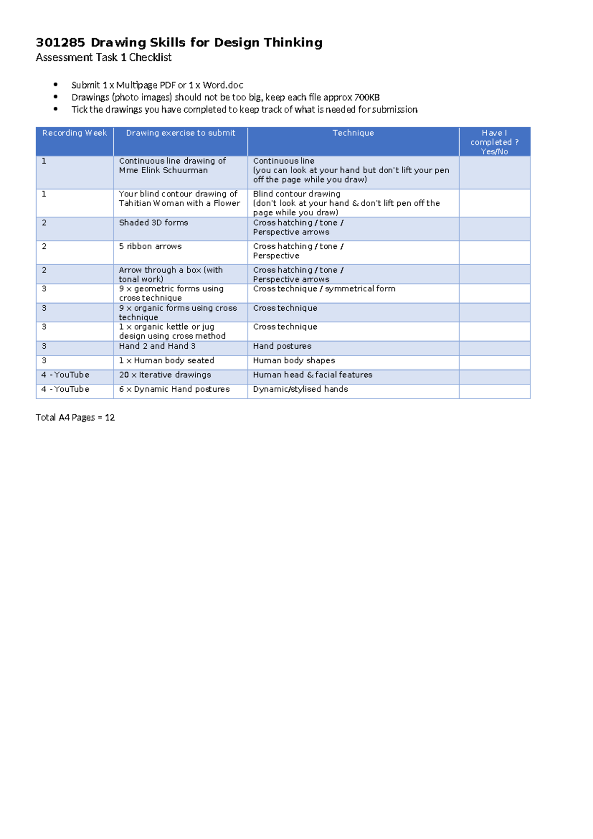Assessment 1 - Drawing Checklist - 301285 Drawing Skills for Design ...