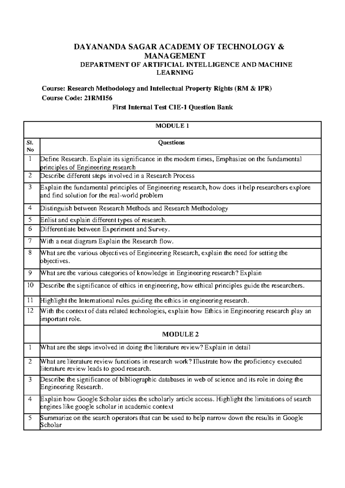 RM&IPR CIE-1 Question Bank - DAYANANDA SAGAR ACADEMY OF TECHNOLOGY & MANAGEMENT DEPARTMENT OF ...