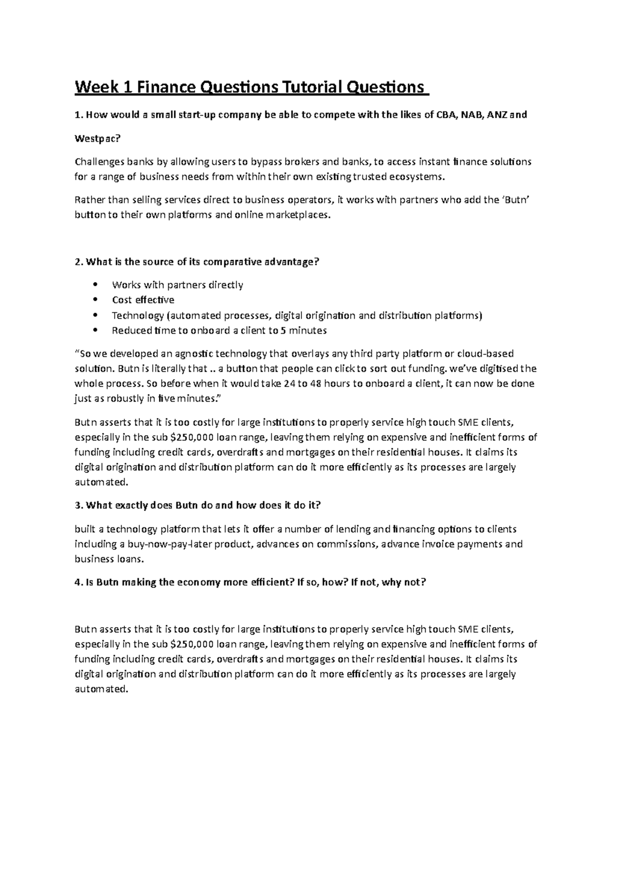 Week 1 Finance Questions Tutorial Questions - How would a small start ...