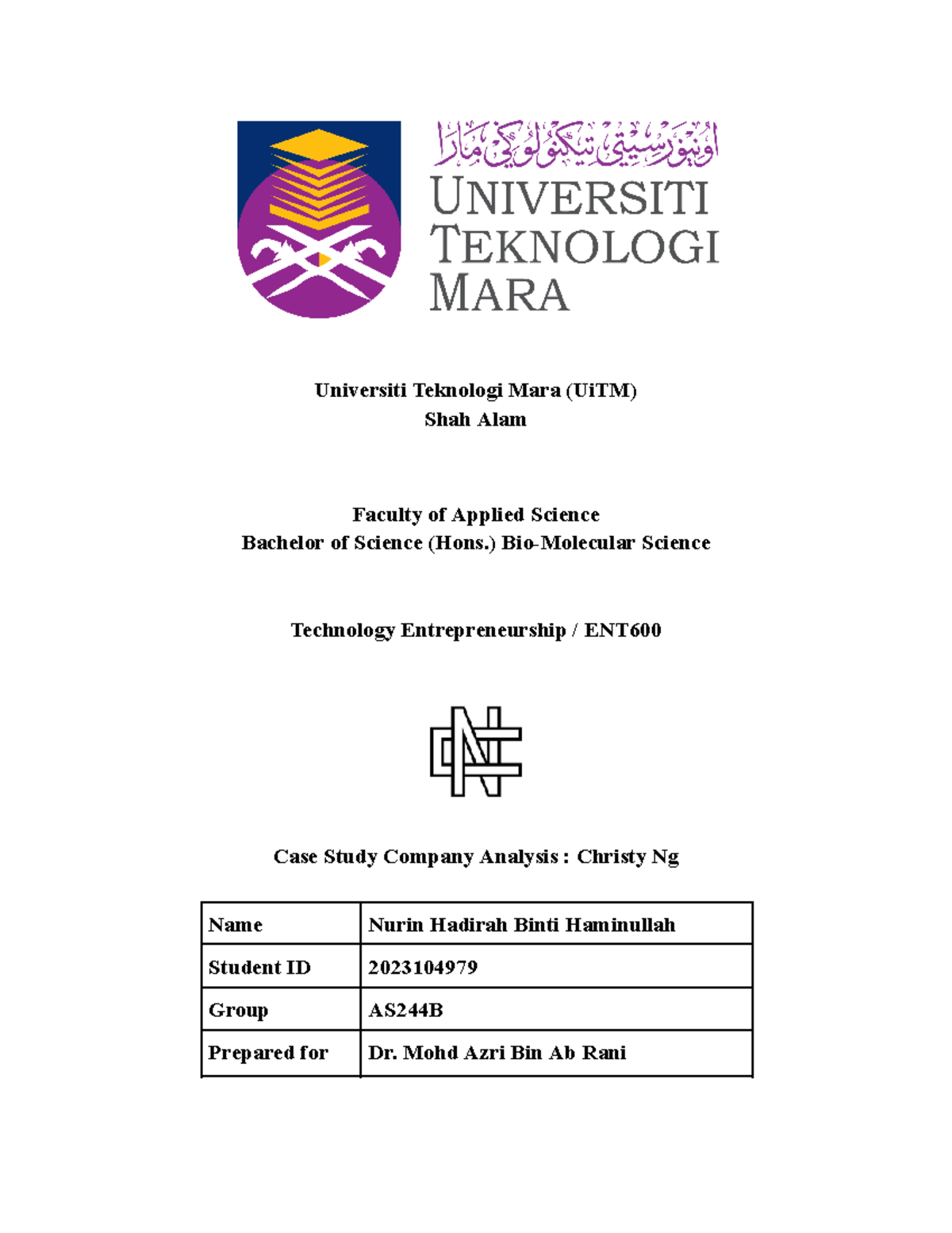 Nurin Hadirah [ ENT600 CASE Study] - Universiti Teknologi Mara (UiTM ...