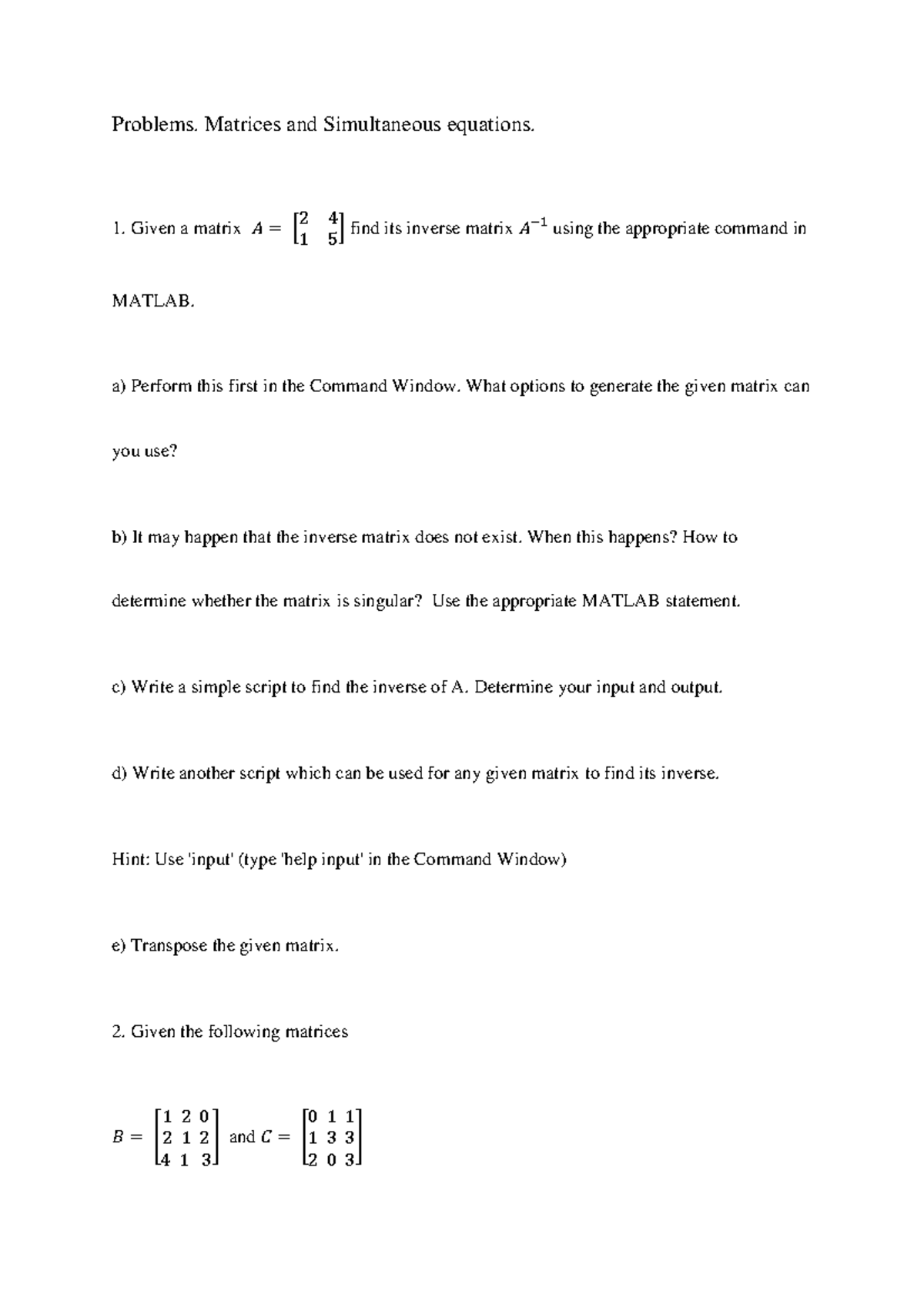 Problems Matrices and Simultaneous equations updated - Problems ...