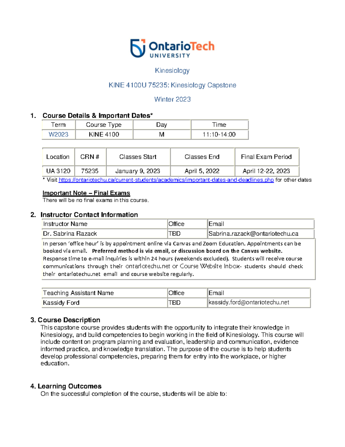 KINE 4100 v4 - syllabus - Kinesiology KINE 4100U 75235: Kinesiology ...