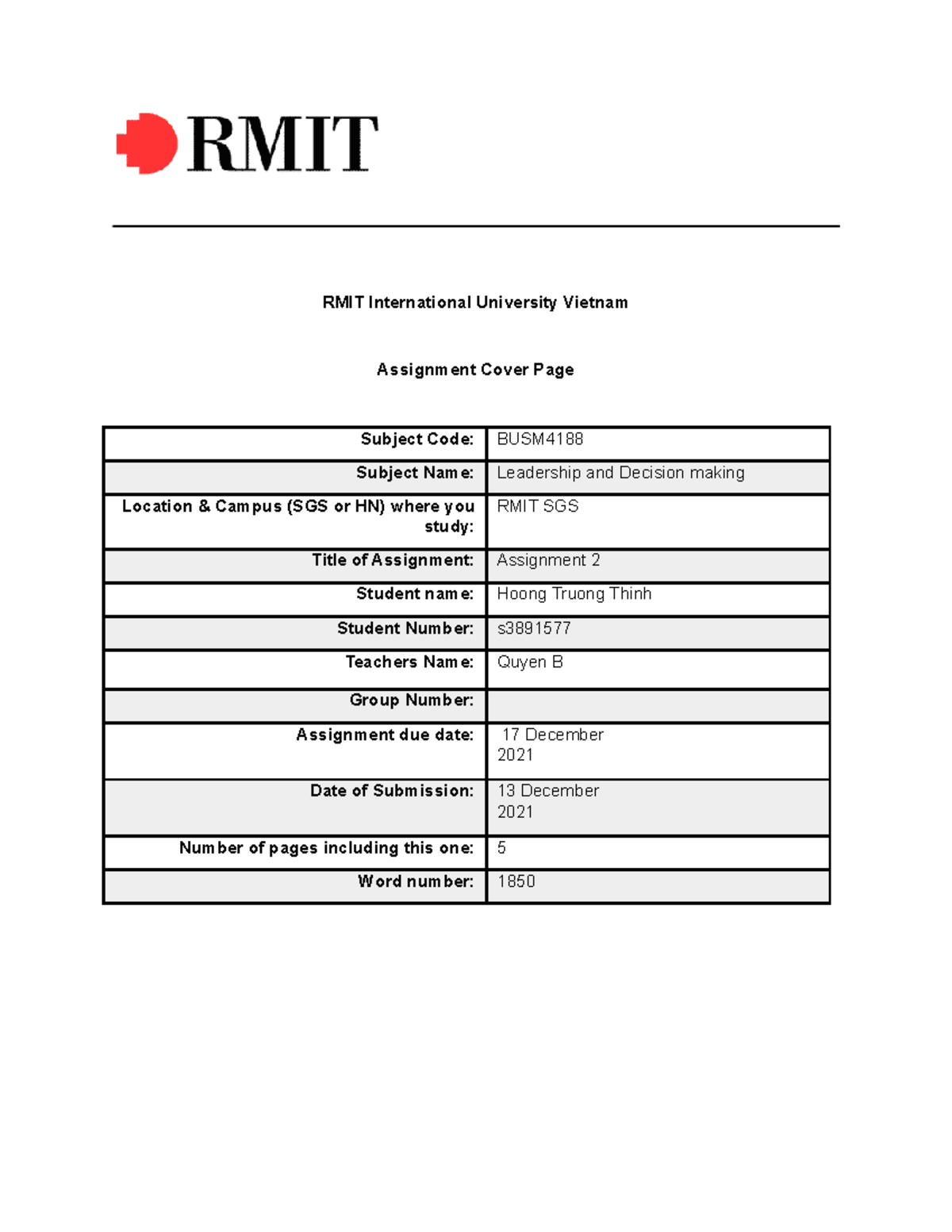 A2: Leadership Research and Critical Reflection - BUSM4188 - RMIT ...